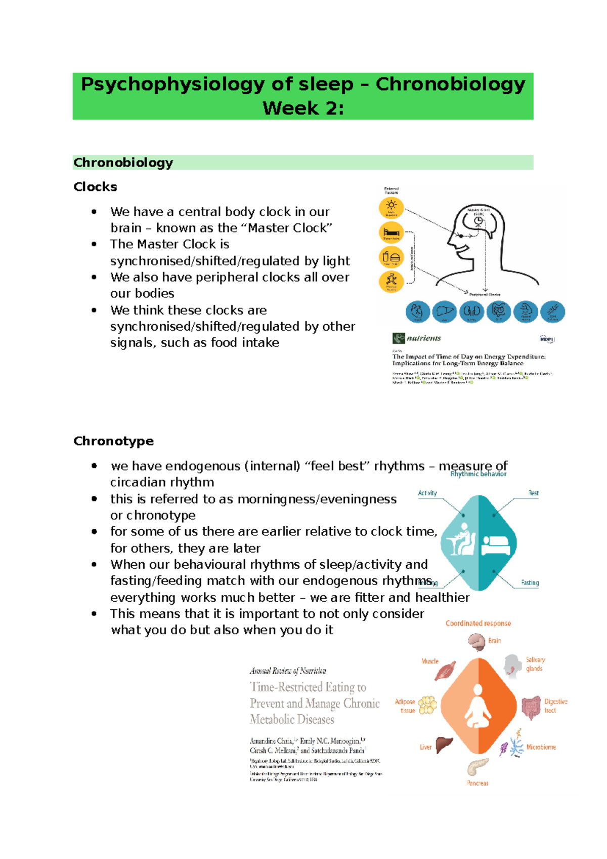 Psychophysiology of sleep - chronobiology week 2 - Psychophysiology of ...