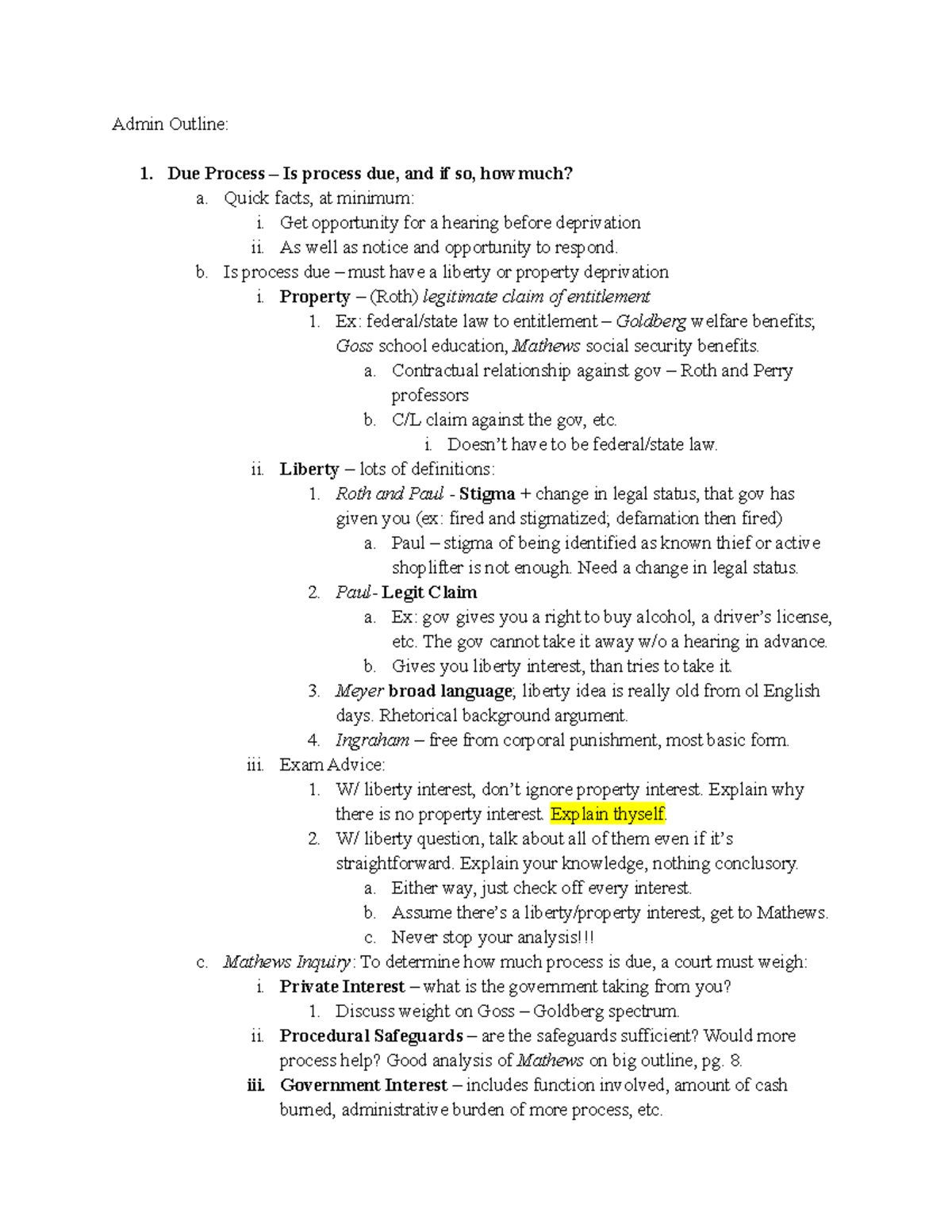 Admin Outline - Admin Outline: 1. Due Process – Is process due, and if ...