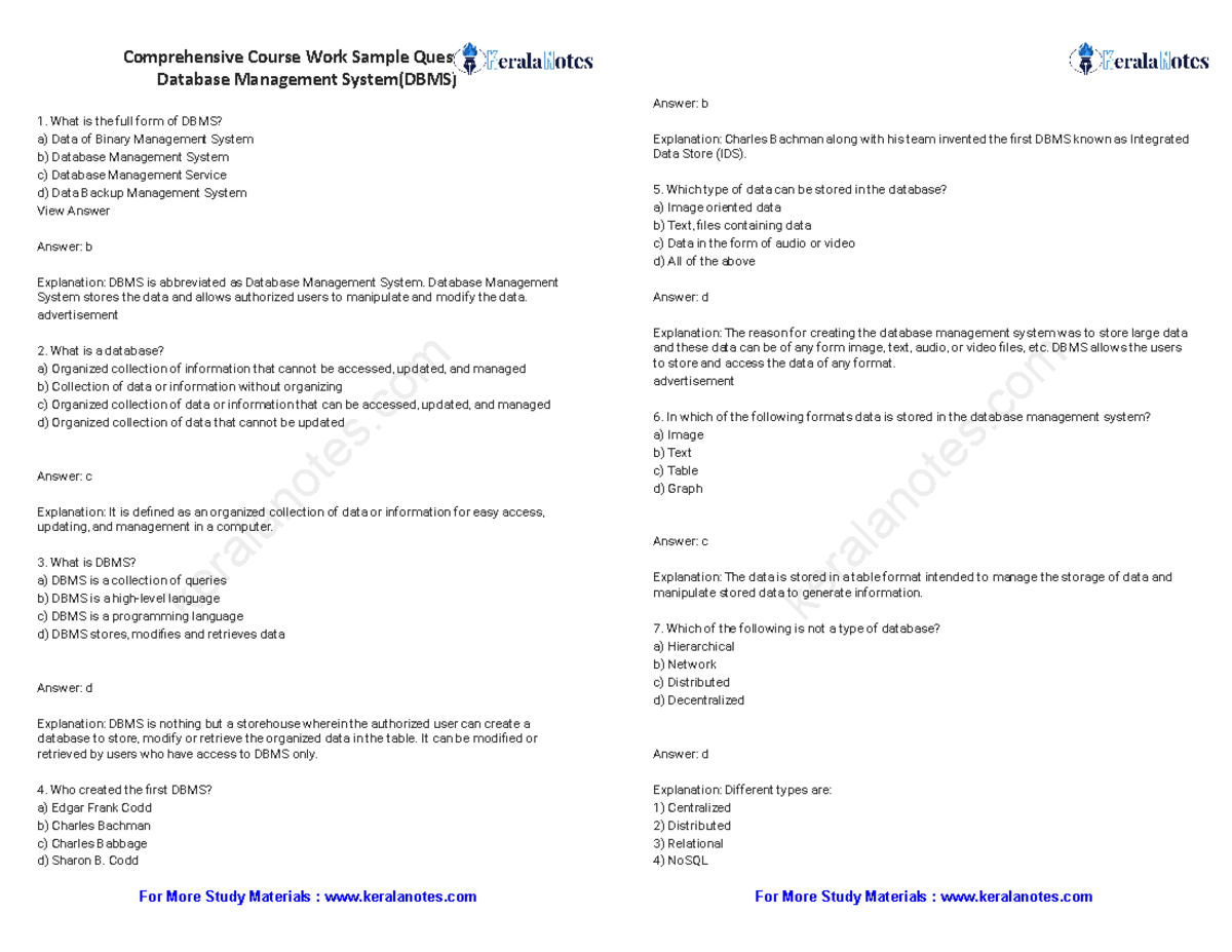 Document from Anandu S - What is the full form of DBMS? a) Data of ...
