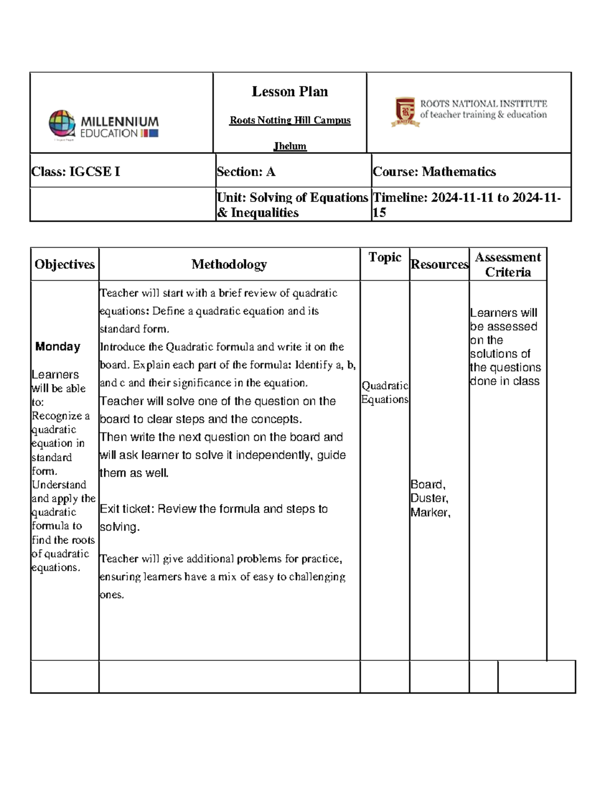 IG 1 lesson Plan(11 Nov-15 Nov) - Lesson Plan Roots Notting Hill Campus ...