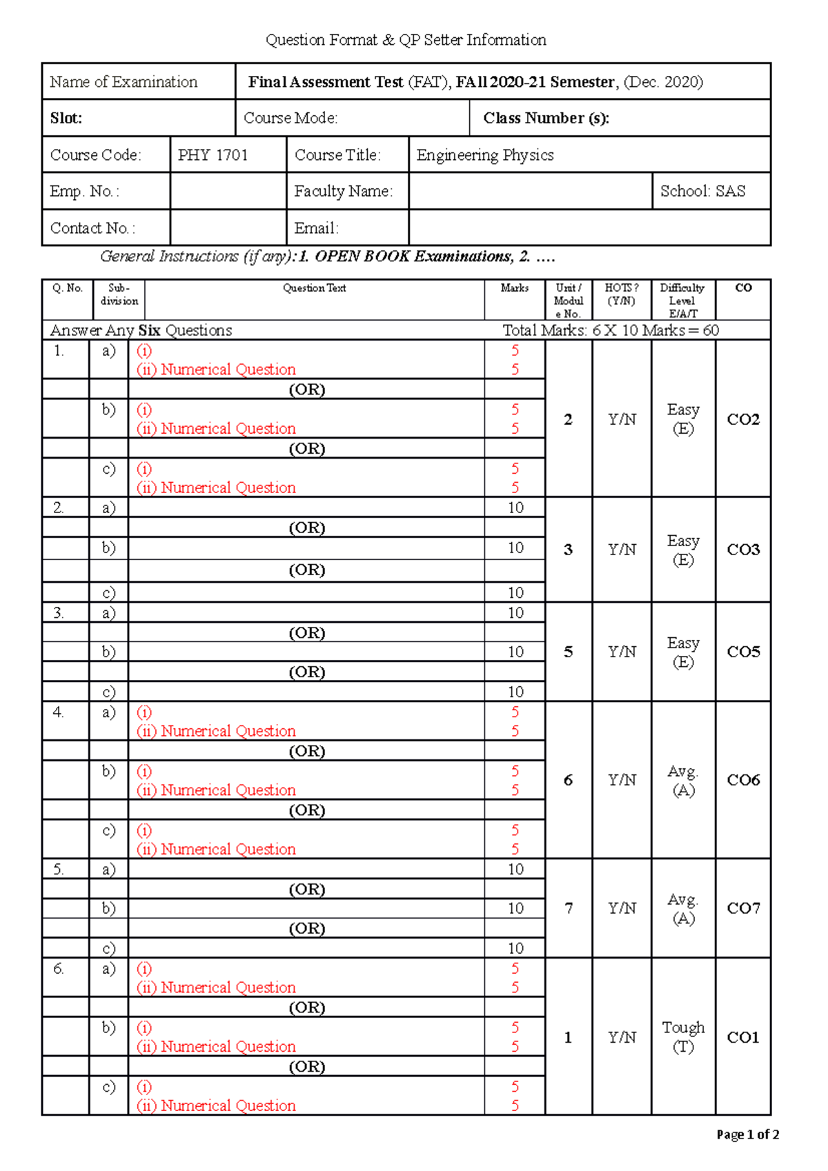 QP Format for FAT with CO in the theory part - Question Format & QP Setter Information Name of ...