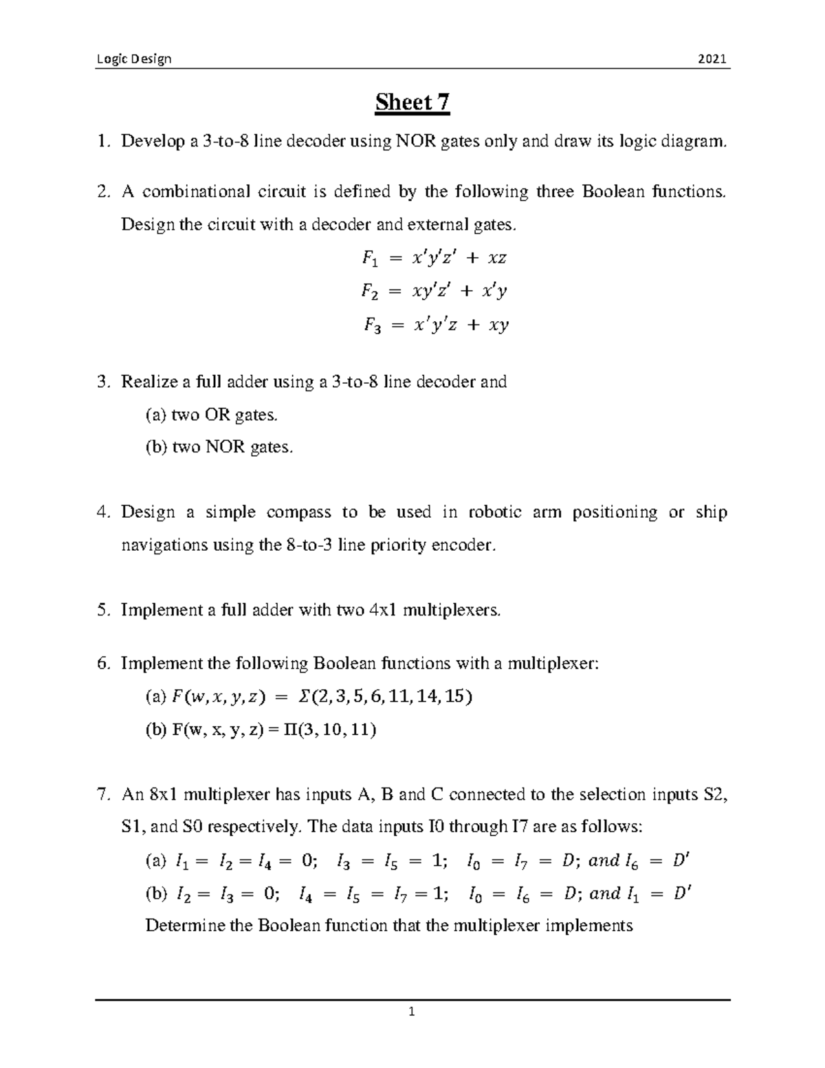 Sheet 7 Logic Design - ... - Logic Design 2021 1 Sheet 7 Develop a 3-to ...
