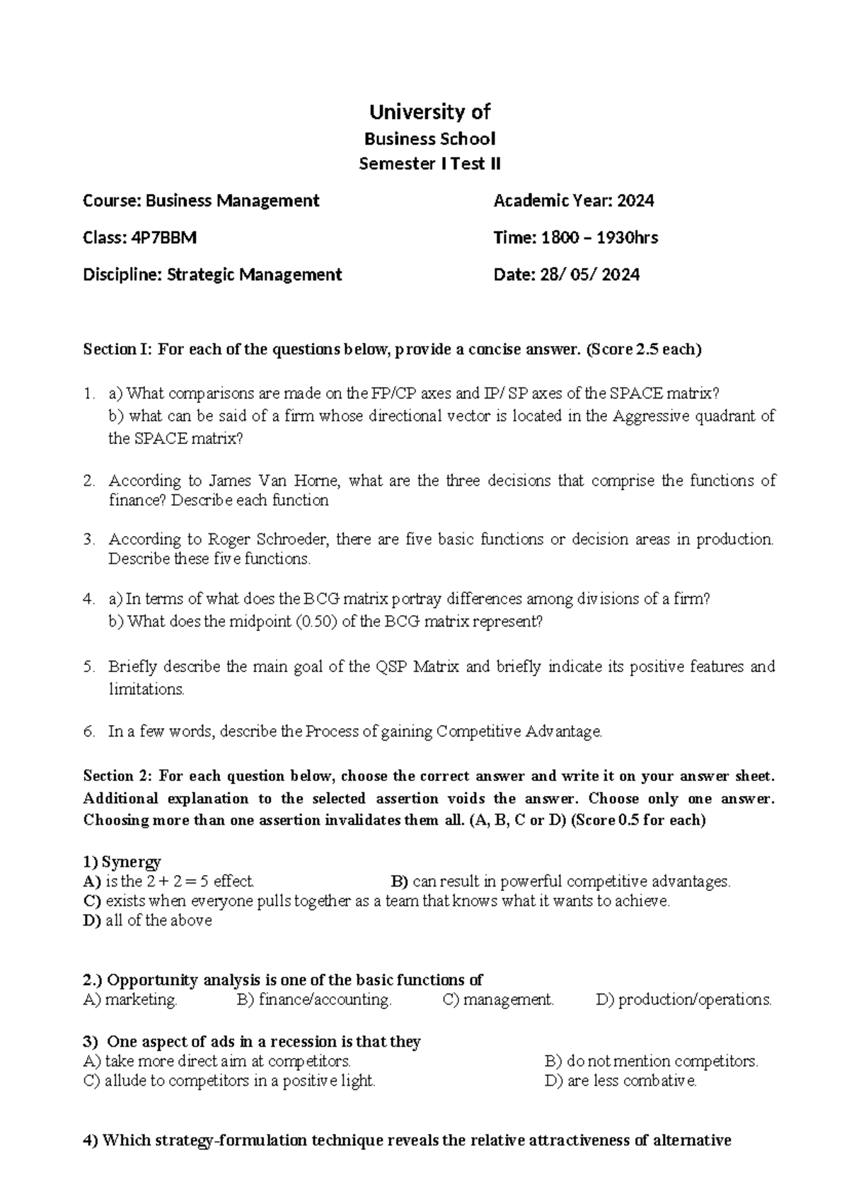 SM Test 2020 2024 - University of Business School Semester I Test II ...