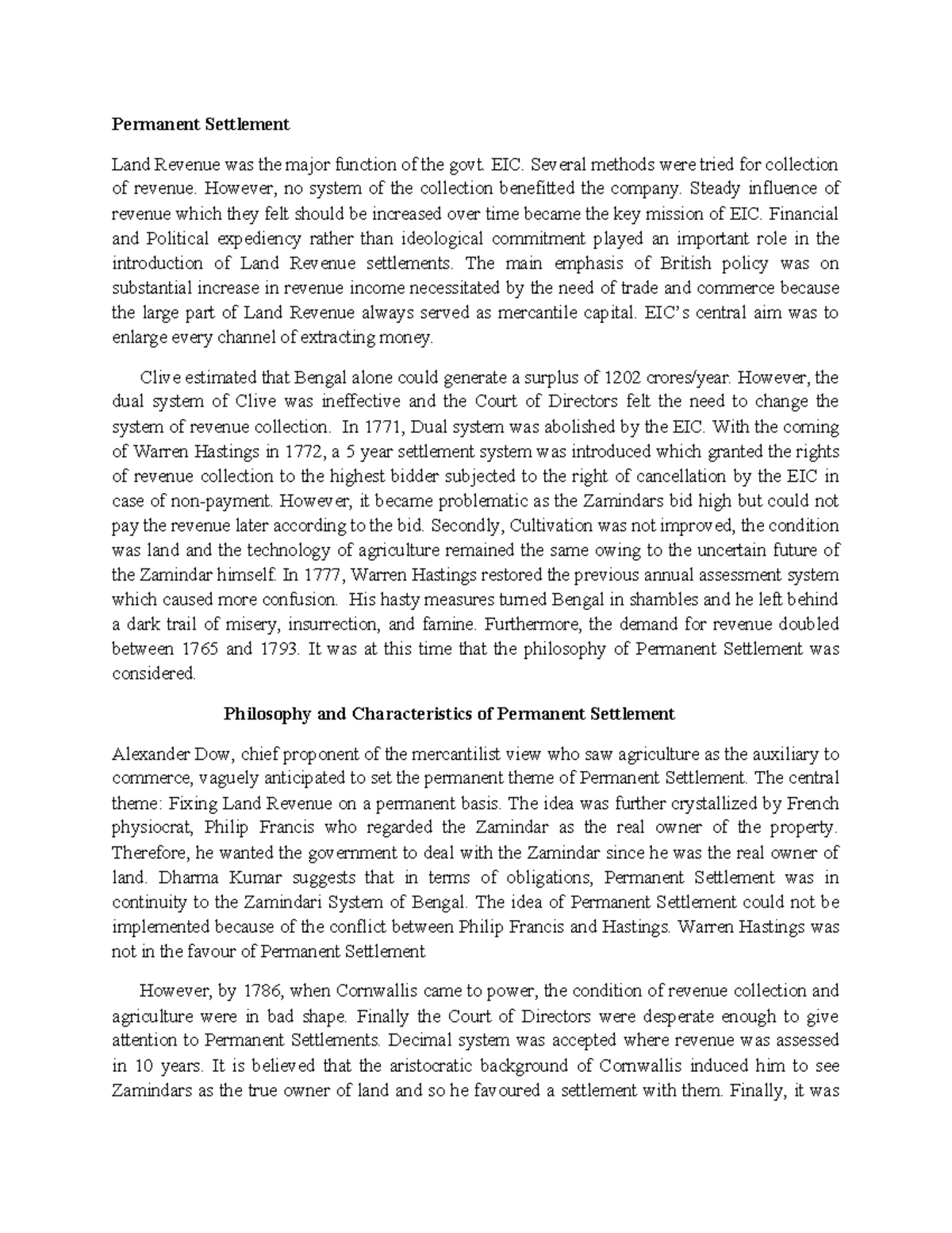 Permanent Settlement - Permanent Settlement Land Revenue was the major ...