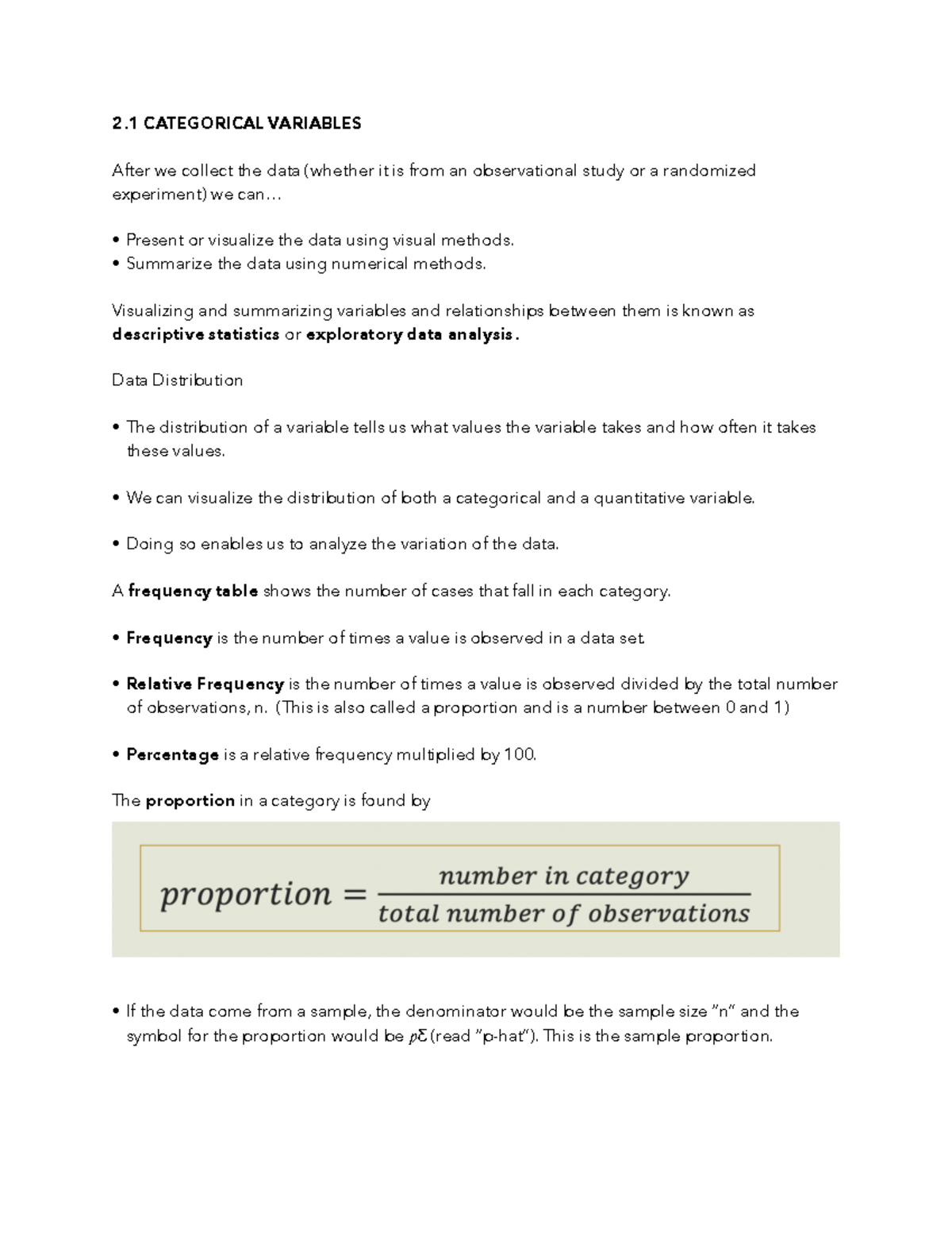 Chapter 2 (Describing Data) (PDF) - 2 CATEGORICAL VARIABLES After we ...