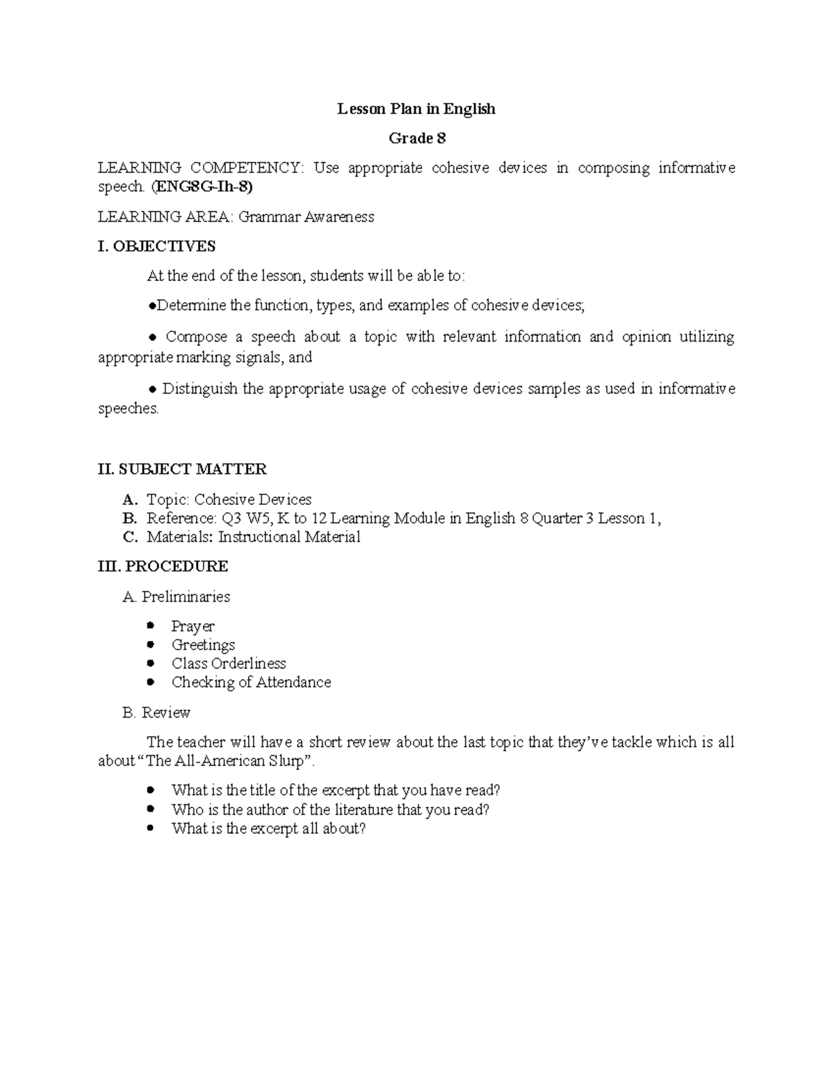 Cohesive lp - For educational purposes - Lesson Plan in English Grade 8 ...