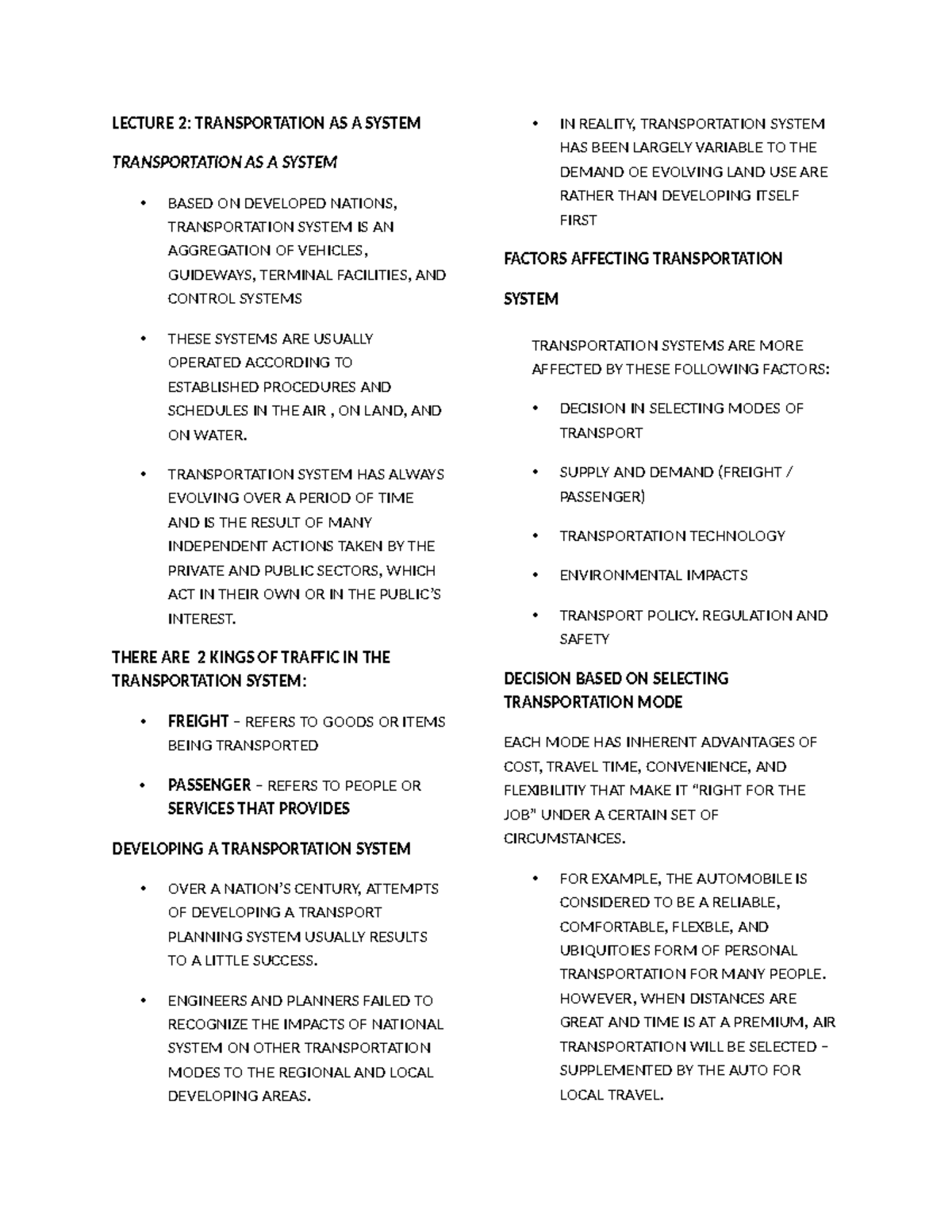 Lecture 2 Reviewer Transpo - LECTURE 2: TRANSPORTATION AS A SYSTEM ...
