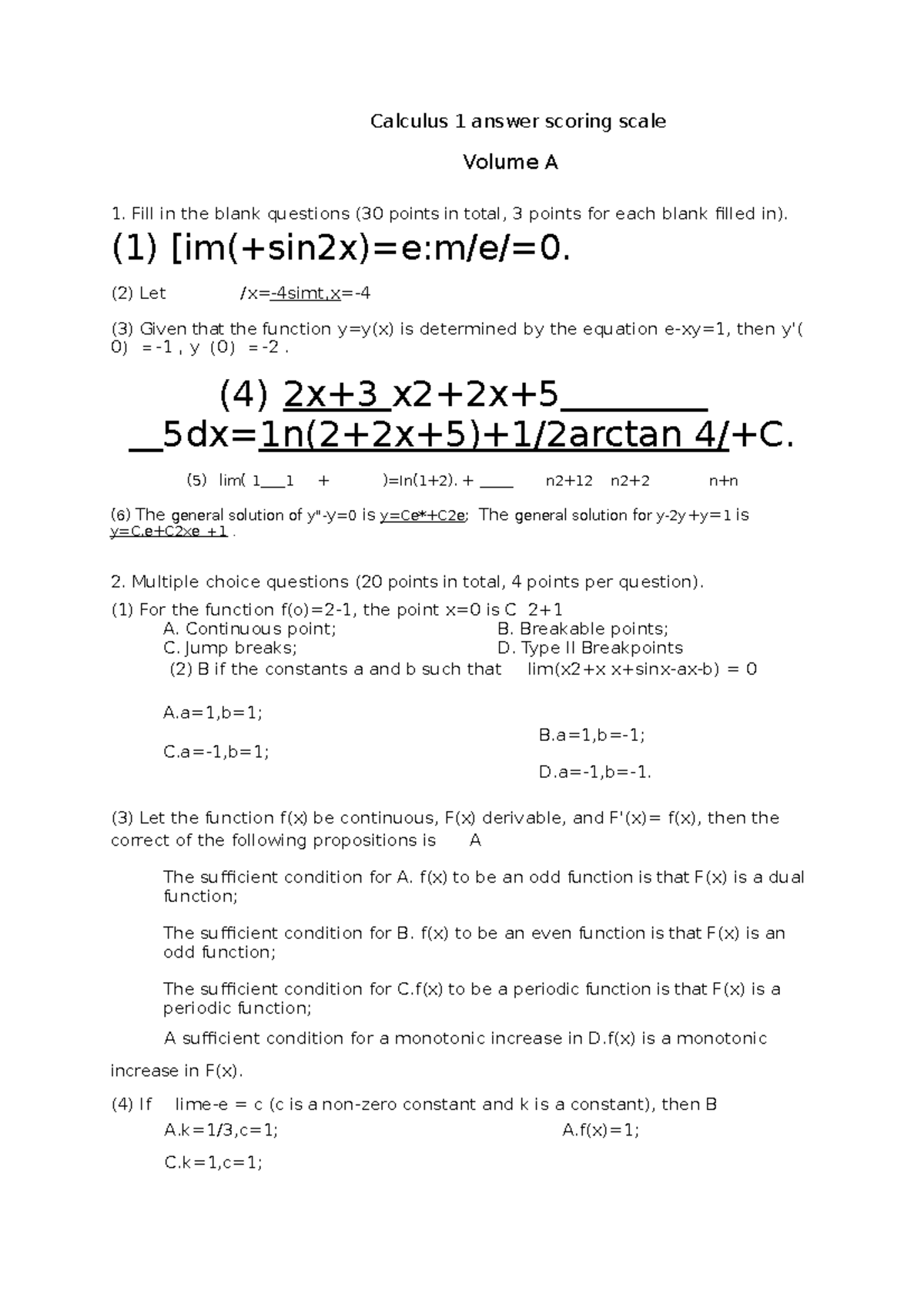 MTH 253 Calculus 1 answer scoring scale - Calculus 1 answer scoring ...