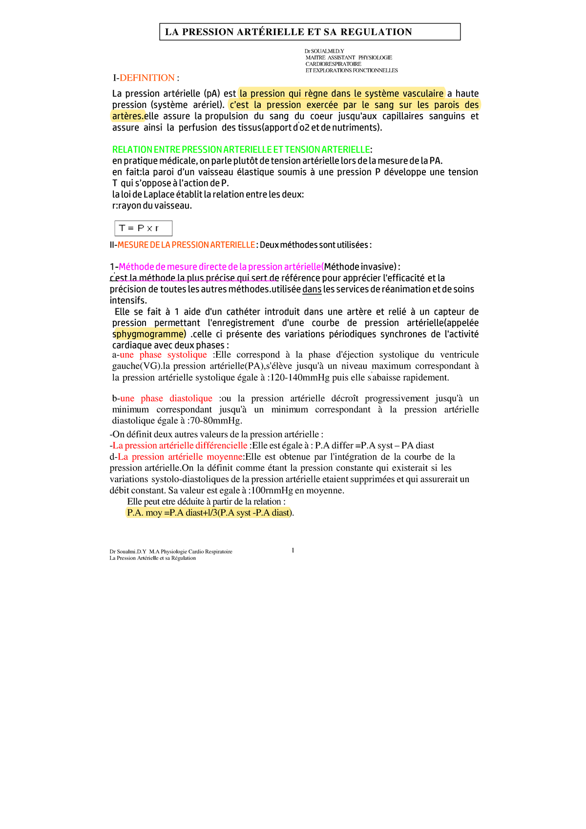 C10. La pression arterielle - Dr Soualmi.D M Physiologie Cardio ...