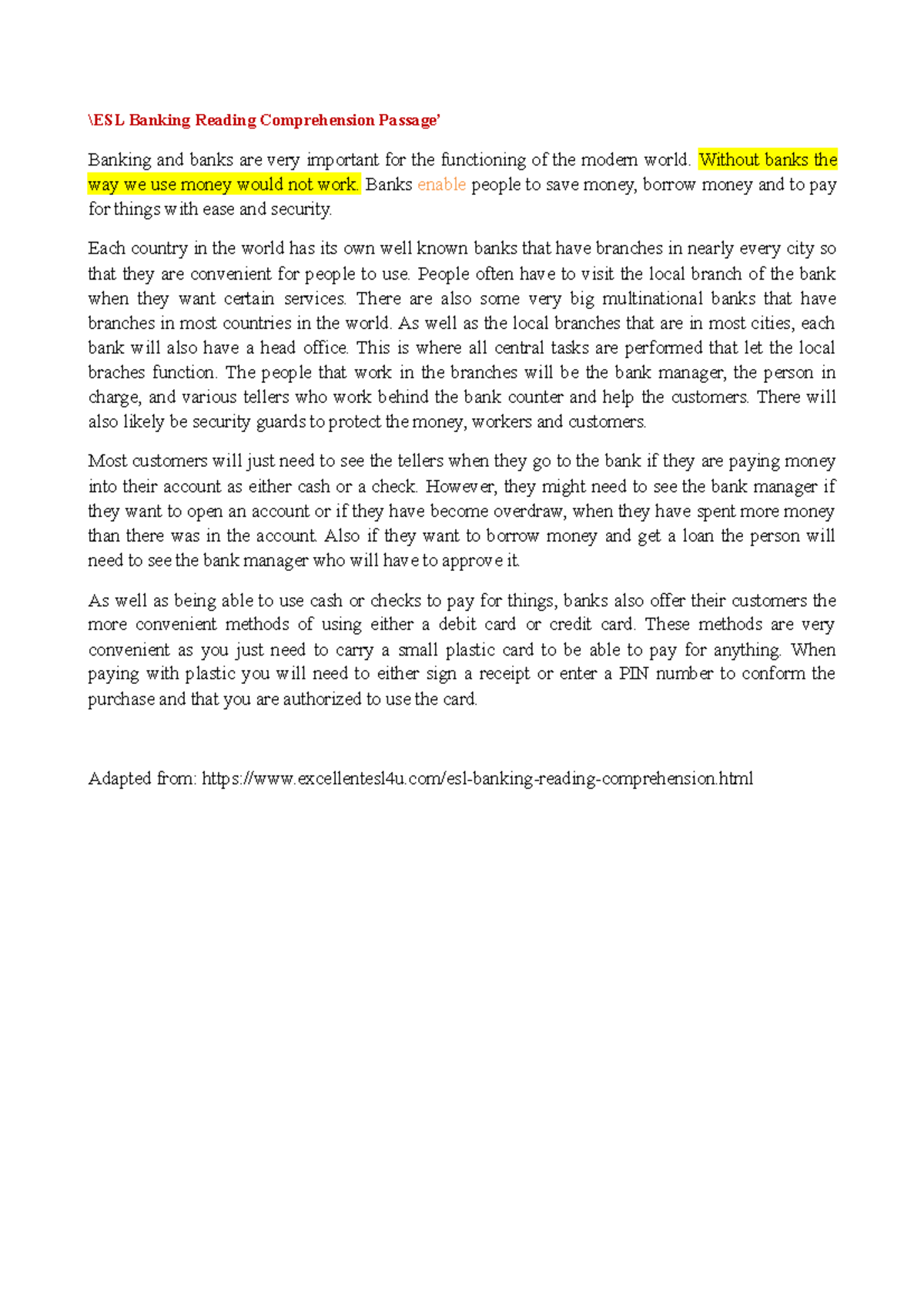 ESL Banking Reading Comprehension Passage - Copia - Copia - \ESL ...
