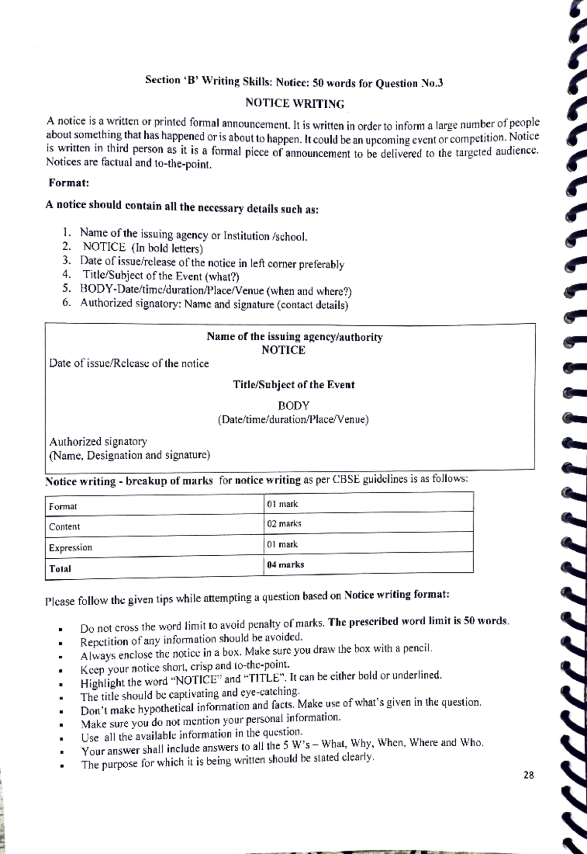 Writing Section Class 12th English - Section Writing Skills: Notice: 50 ...