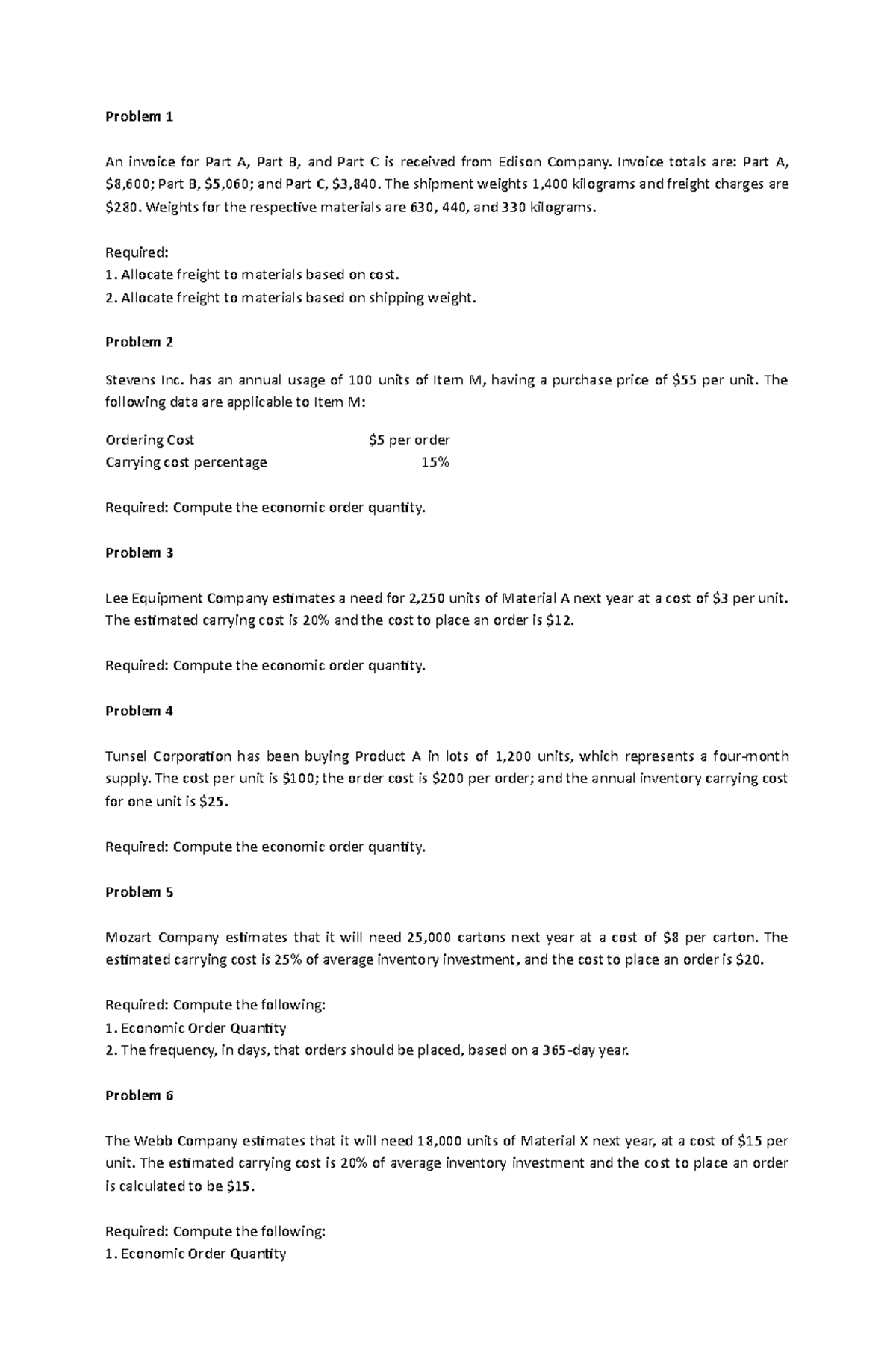 Accounting for Materials - Problems - Problem 1 An invoice for Part A ...