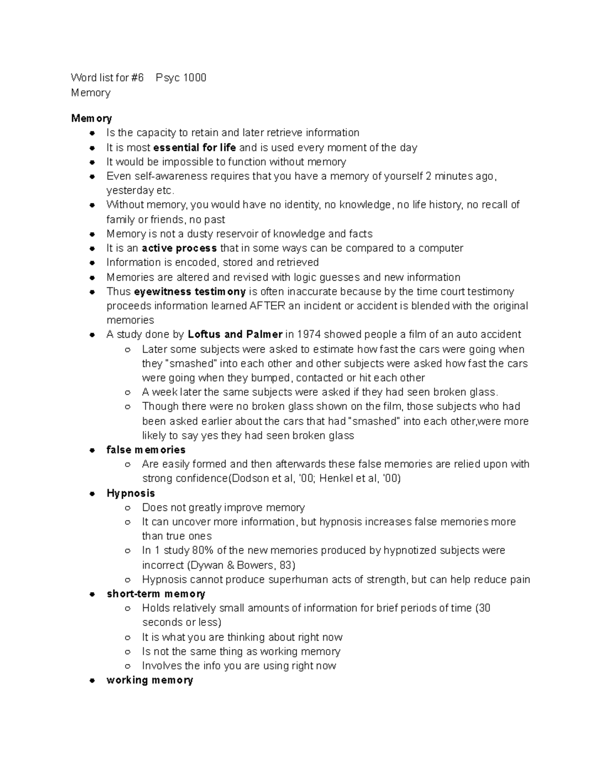 Psych 6 - memory - Word list for #6 Psyc 1000 Memory Memory Is the ...