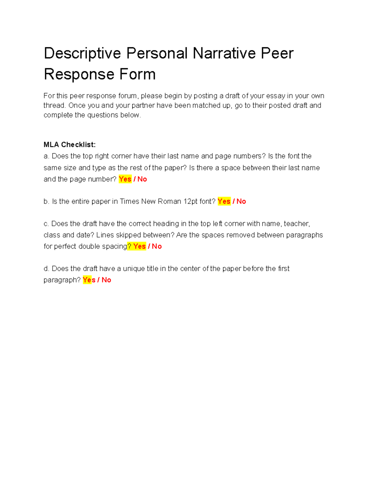 Narative Peer Response Form - Descriptive Personal Narrative Peer ...