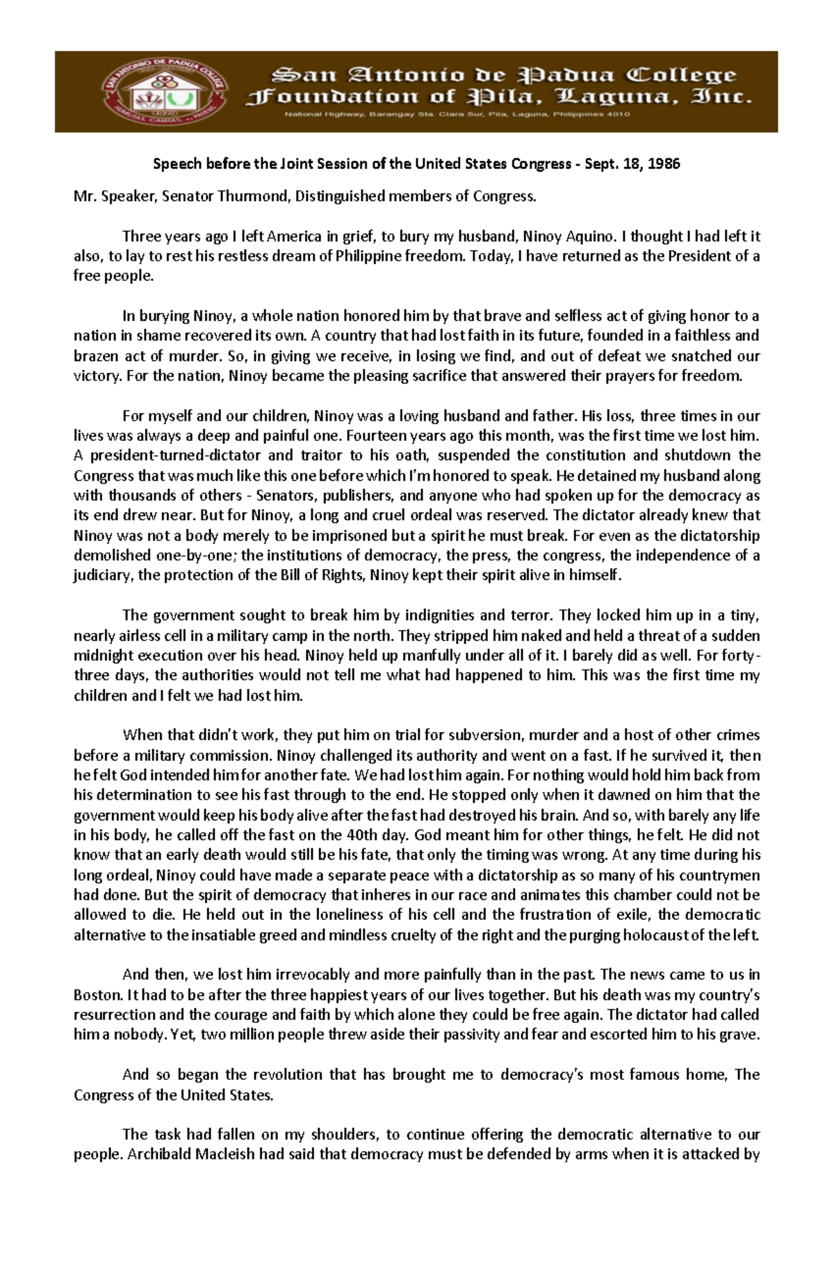 Speech before the Joint Session of the United States Congress - 18 ...