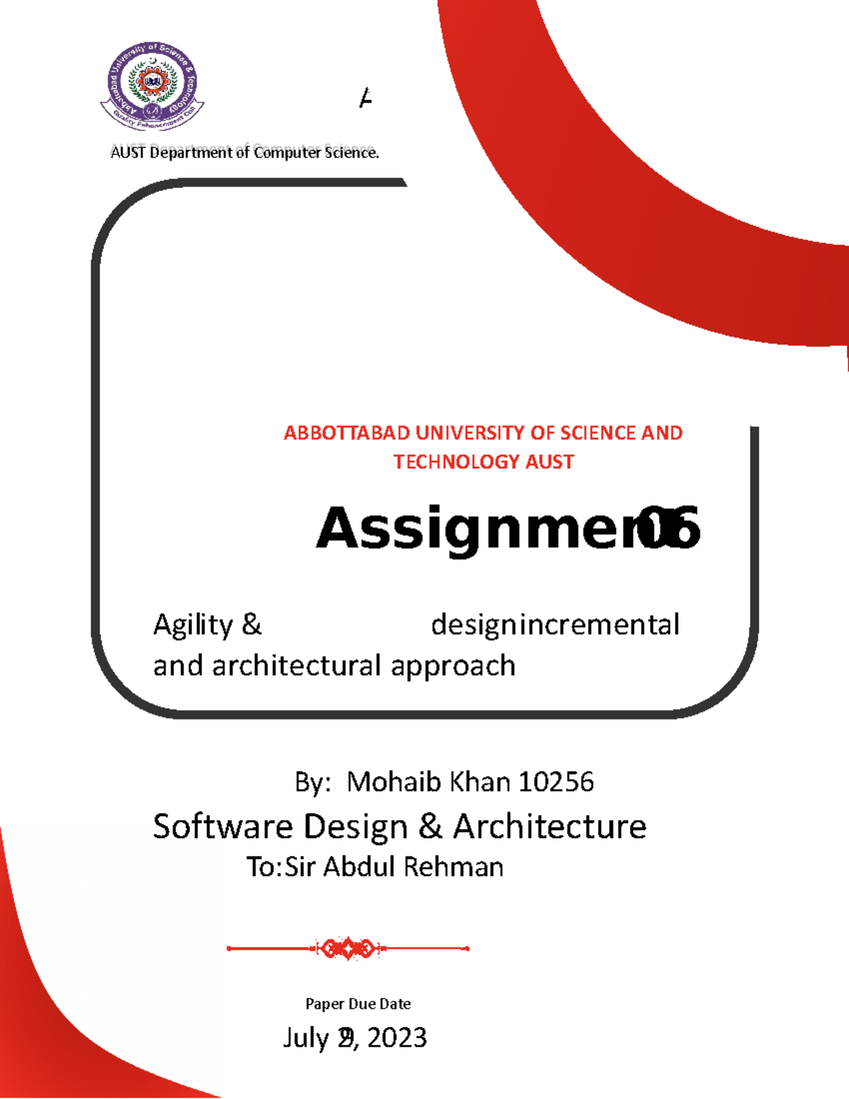 Assignment no 6 - Agility and software design - Assignment 06 Agility & Architecture design ...