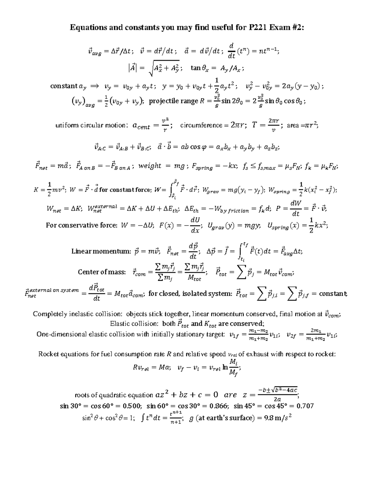 Exam 2 equation sheet - Equations and constants you may find useful for ...