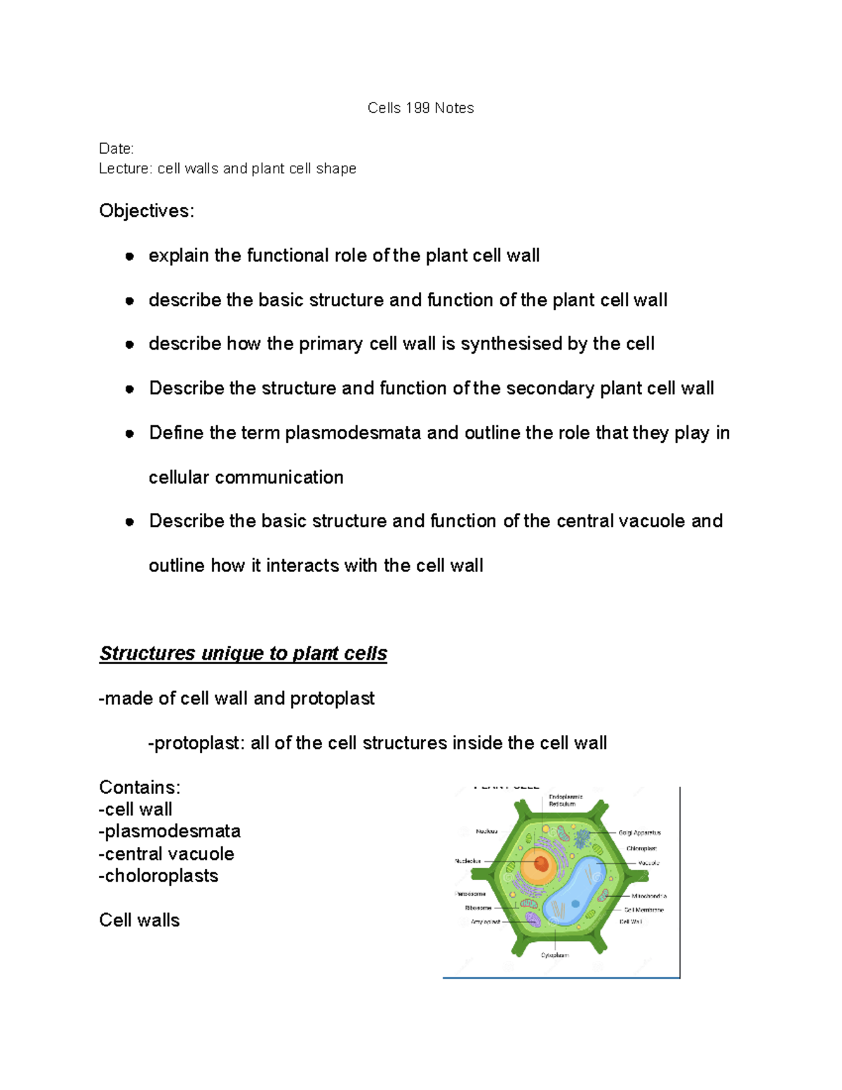 Cells 199 Notes Plant cell wall lecture - Cells 199 Notes Date:Lecture ...