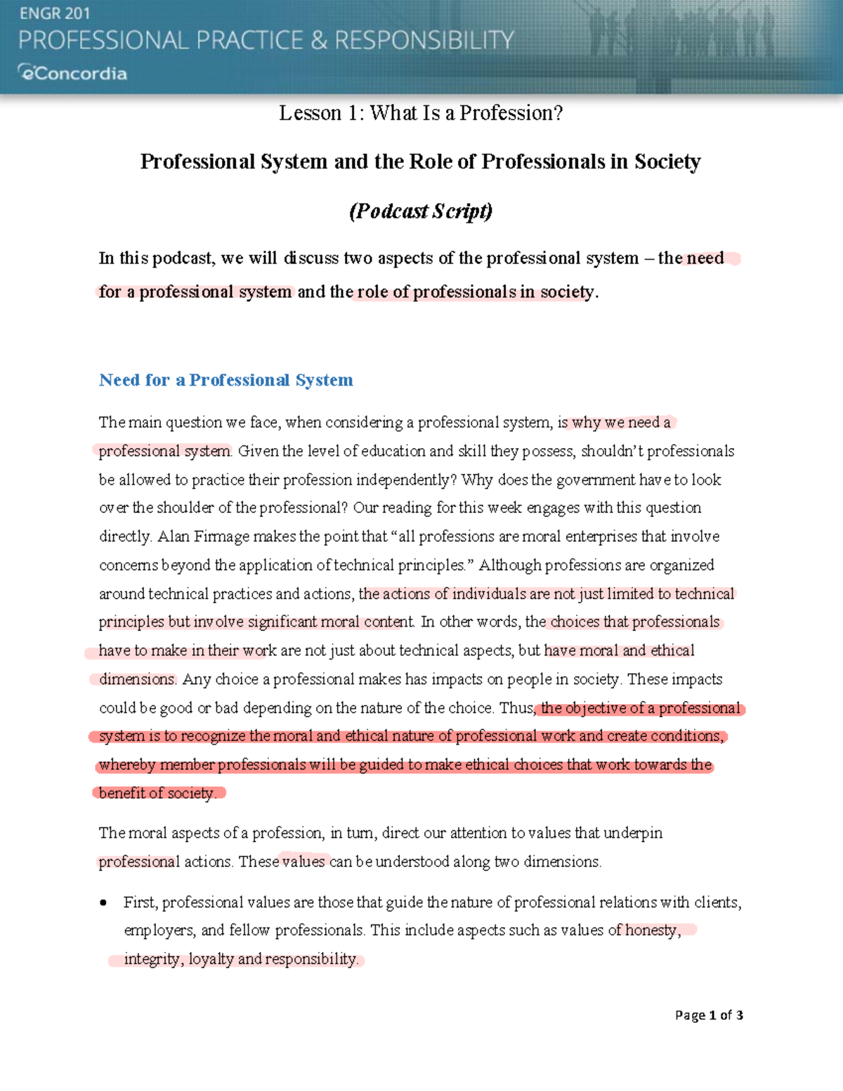 Coursedocument - What’s a profession - Page 1 of 3 Lesson 1: What Is a ...