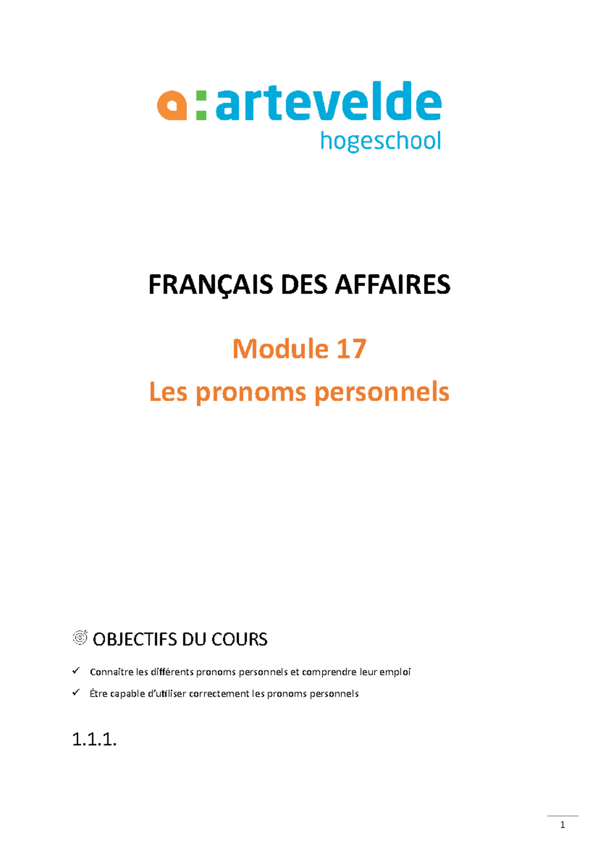 2122 Les pronoms personnels - FRANÇAIS DES AFFAIRES Module 17 Les ...