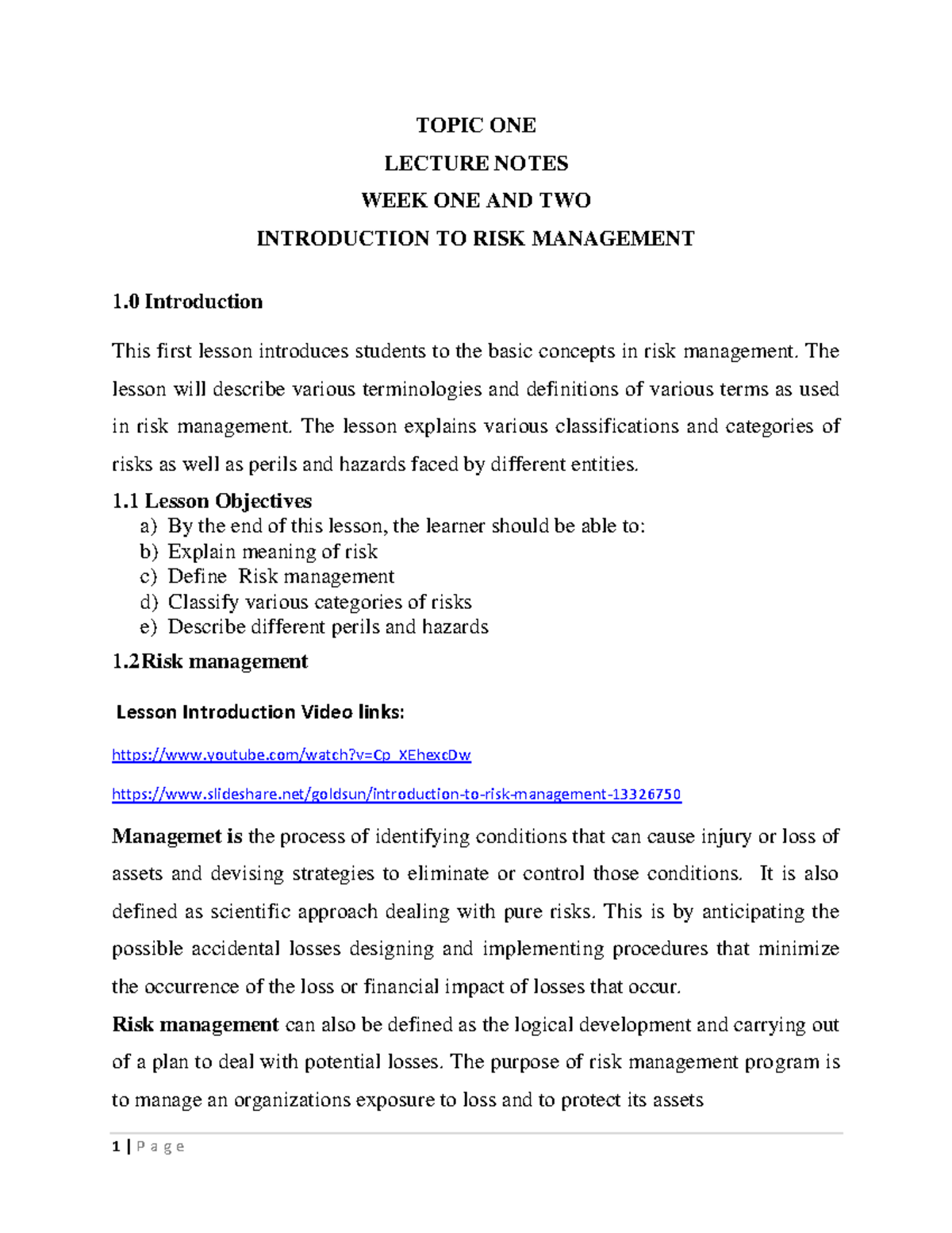 Topic ONE- Introduction TO RISK Management - TOPIC ONE LECTURE NOTES ...