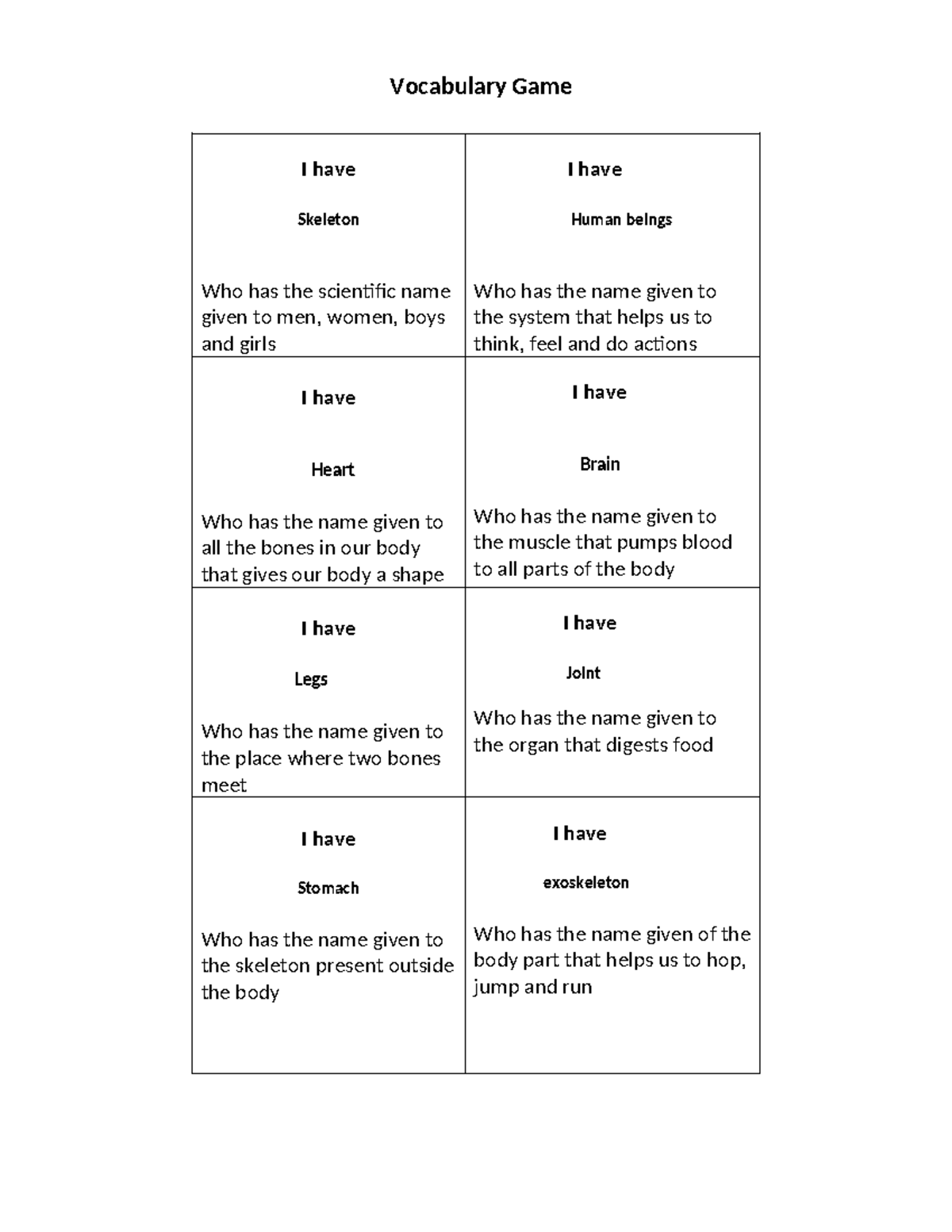 Vocabulary Game - Studocu
