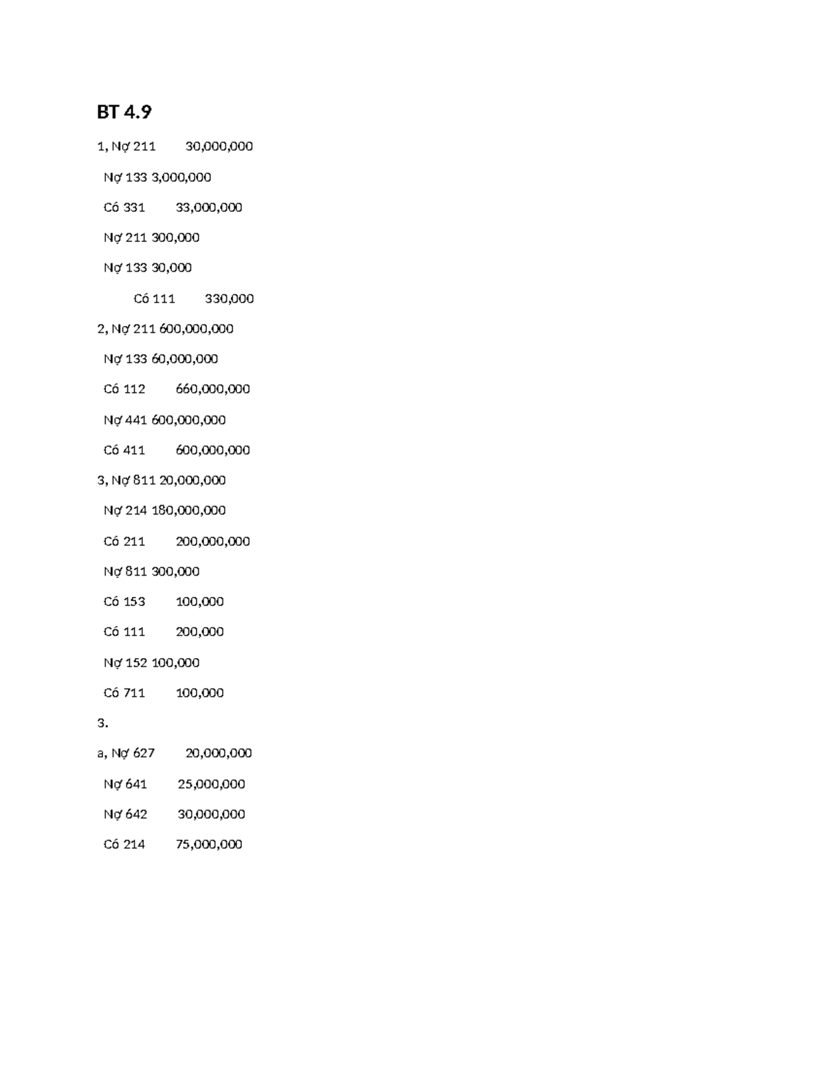 BT4 - ấdfadfas - 1, Nợ 211 30,000, Nợ 133 3,000, Có 331 33,000, Nợ 211 300, Nợ 133 30, Có 111 ...
