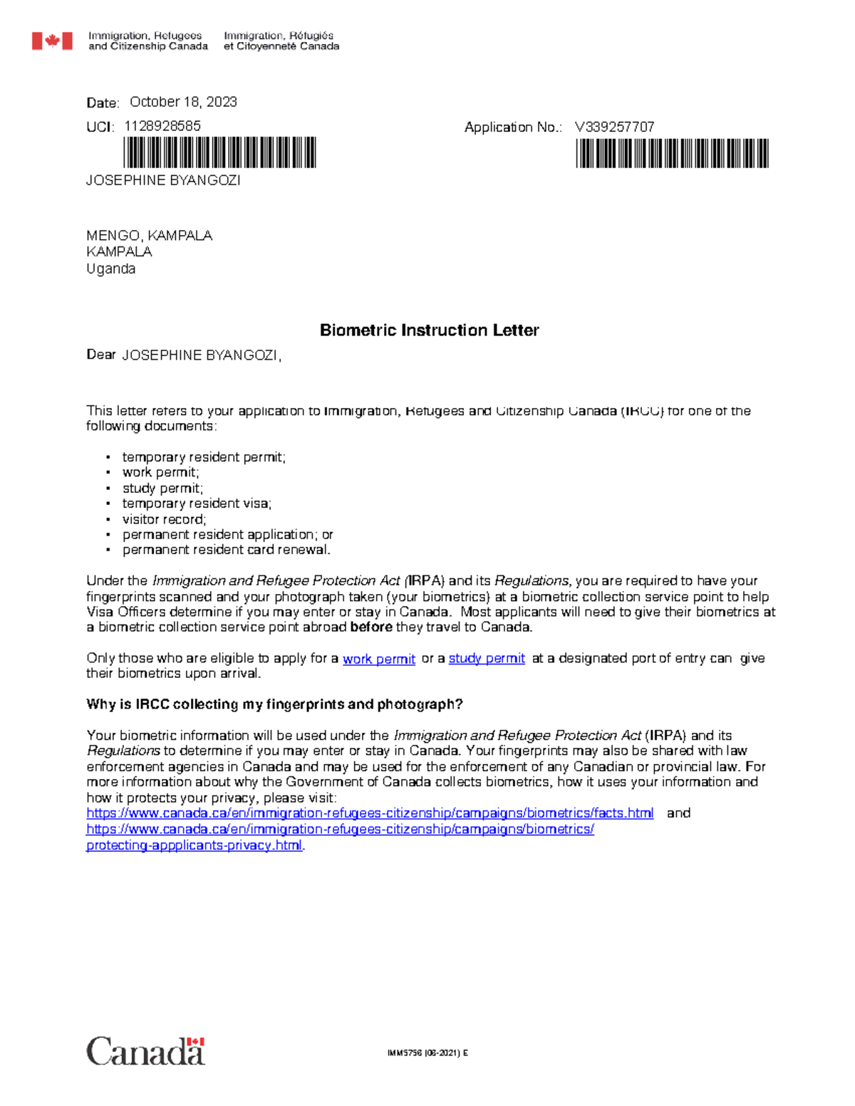 Byagonzi Josephine Biometric letter - IMM5756 (06-2021) E UCI ...