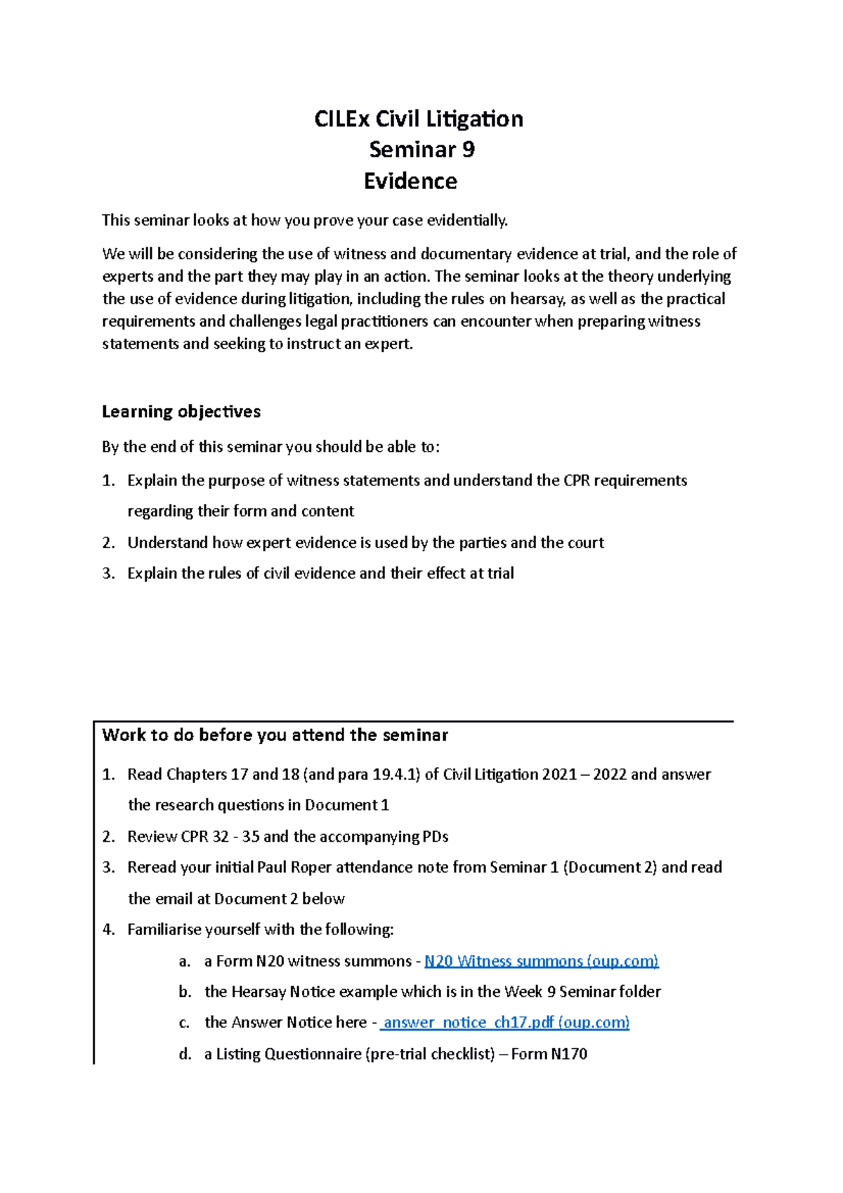 Seminar 9 evidence Questions AND Documents - CILEx Civil Litigation ...
