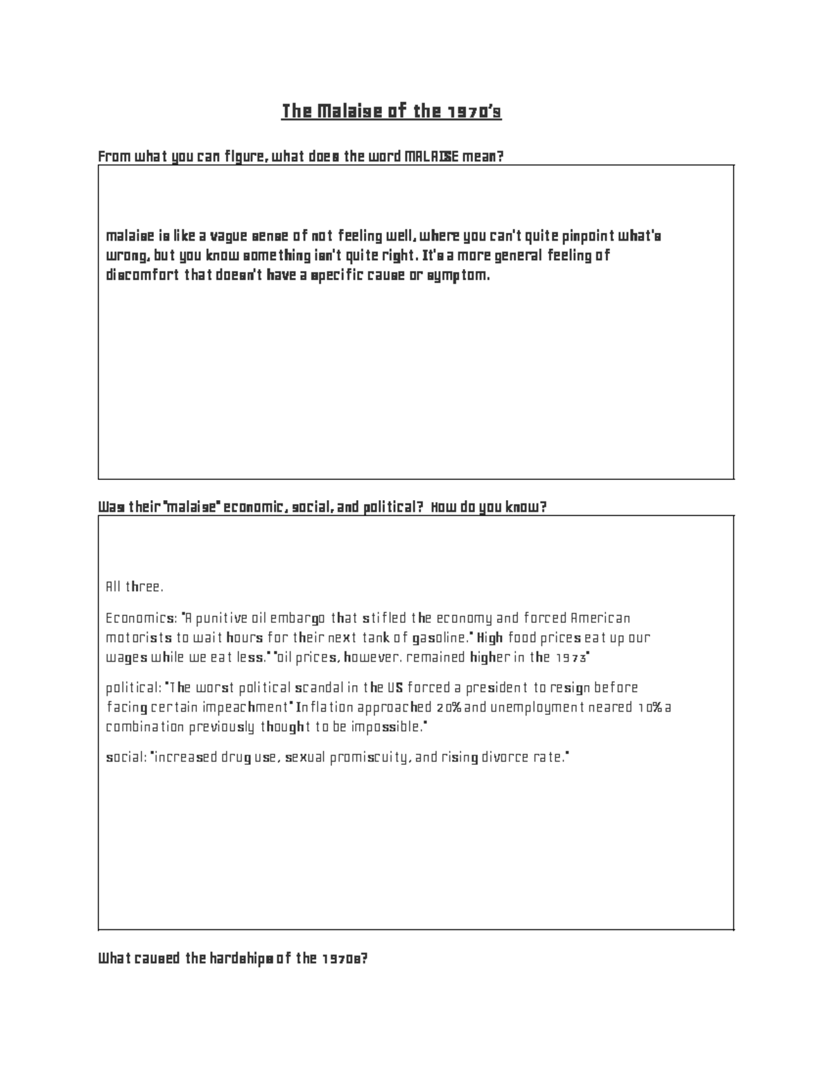 Lesson 50 questions - h. H - The Malaise of the 1970’s From what you ...