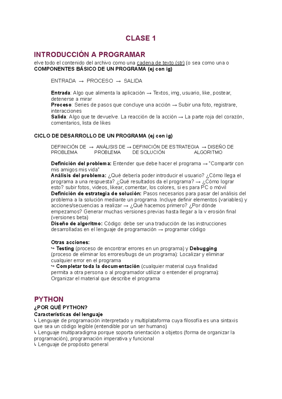 Resumen Programacion Clases - CLASE 1 INTRODUCCIÓN A PROGRAMAR elve todo el contenido del ...