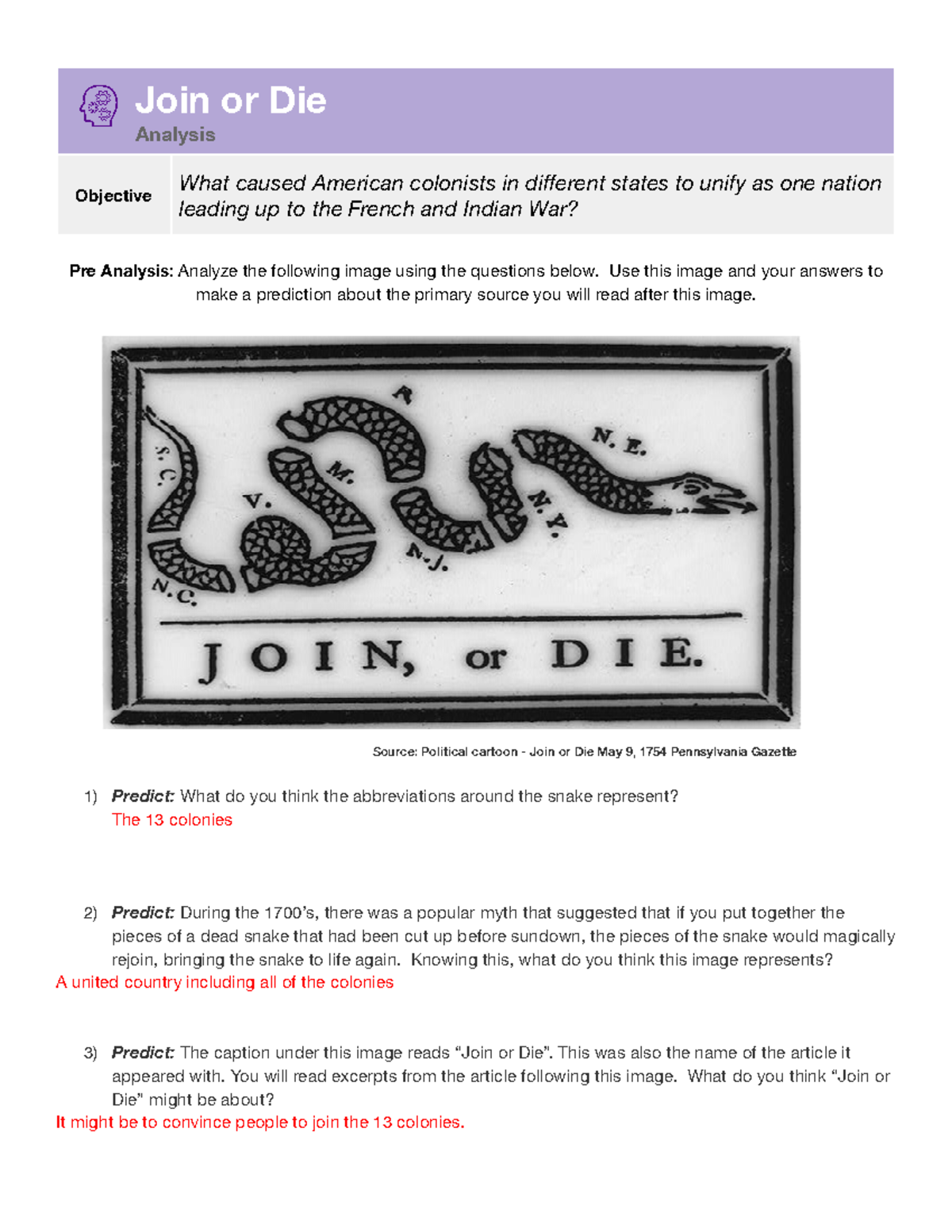 Copy of Join or Die ( French and Indian War)- Join or Die Analysis ...