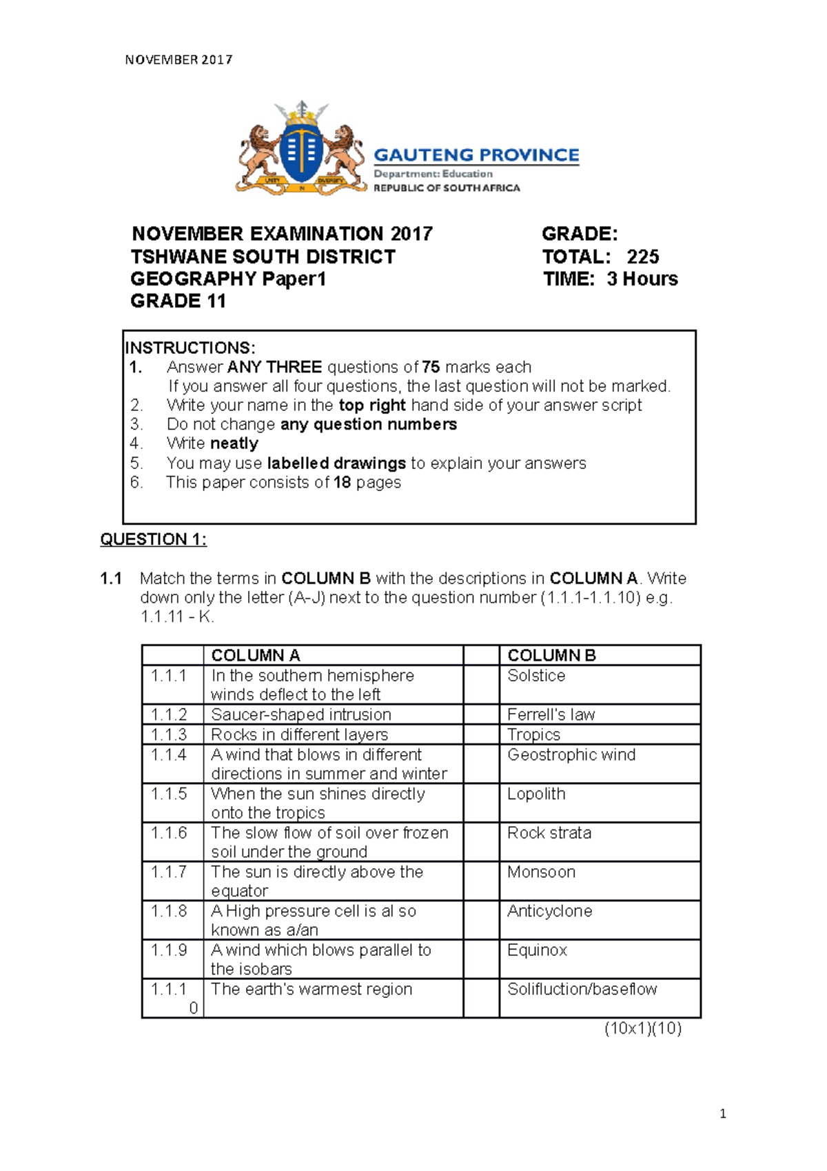 Geography Nov. Exam 2017 P1 - NOVEMBER EXAMINATION 2017 GRADE: TSHWANE ...