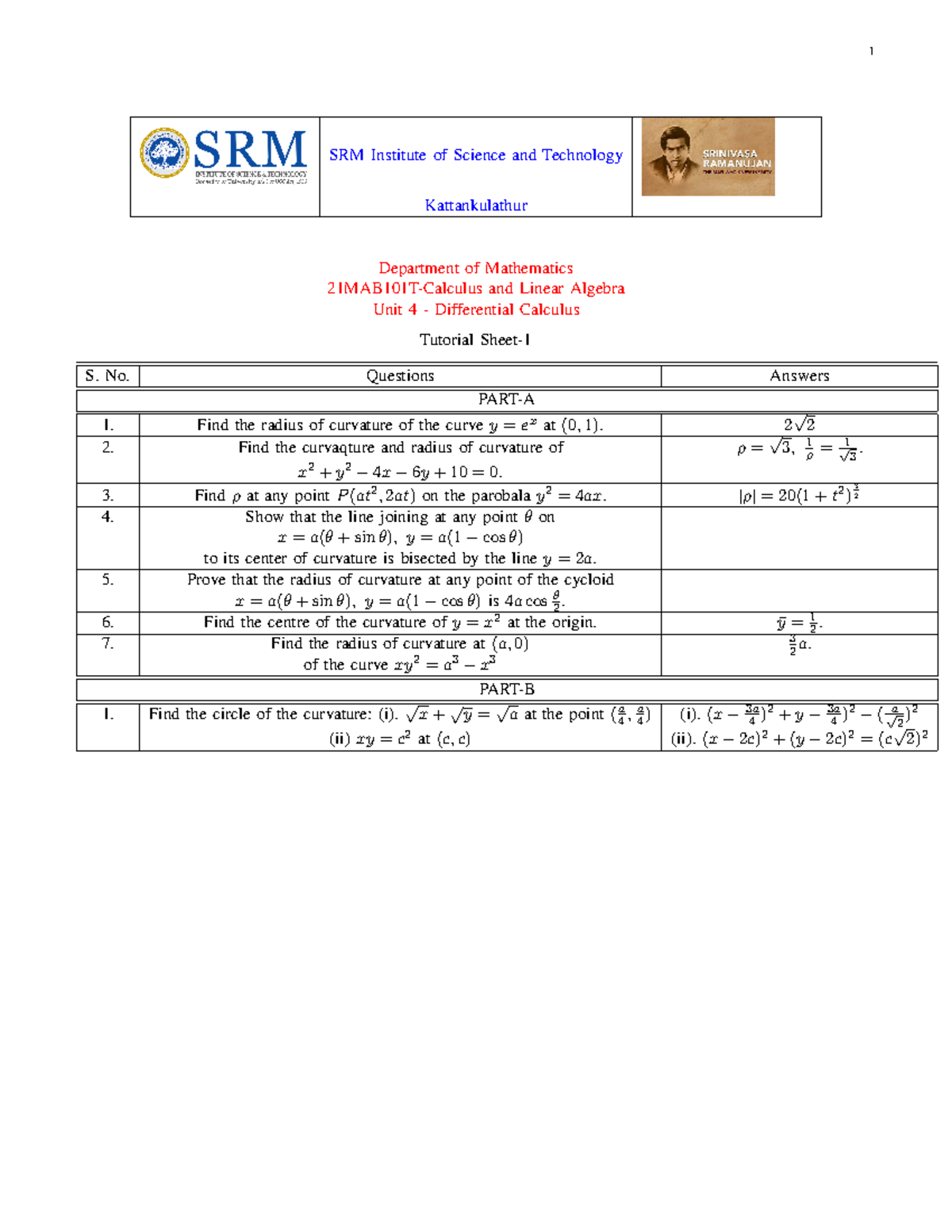 Tutorial 1 Questions For Unit 2part 1 1 Srm Institute Of Science