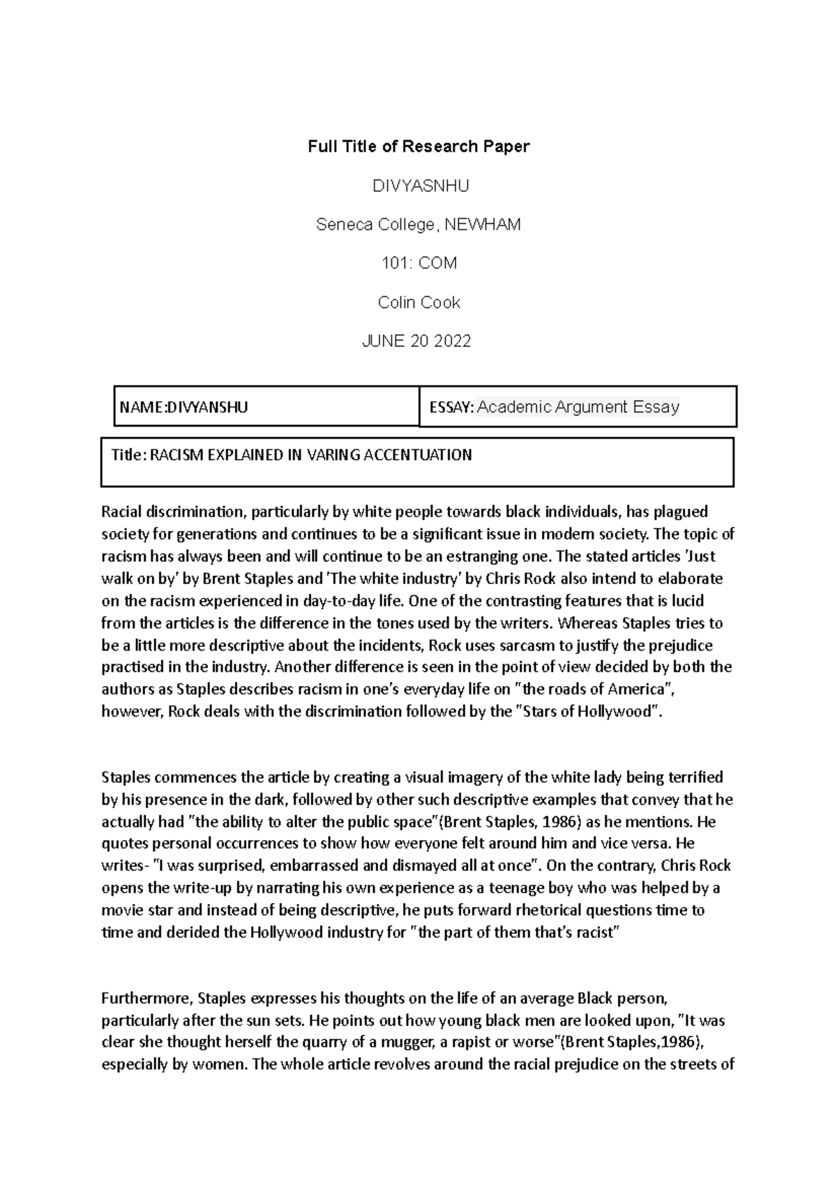 Argumentative Essay - Full Title of Research Paper DIVYASNHU Seneca ...