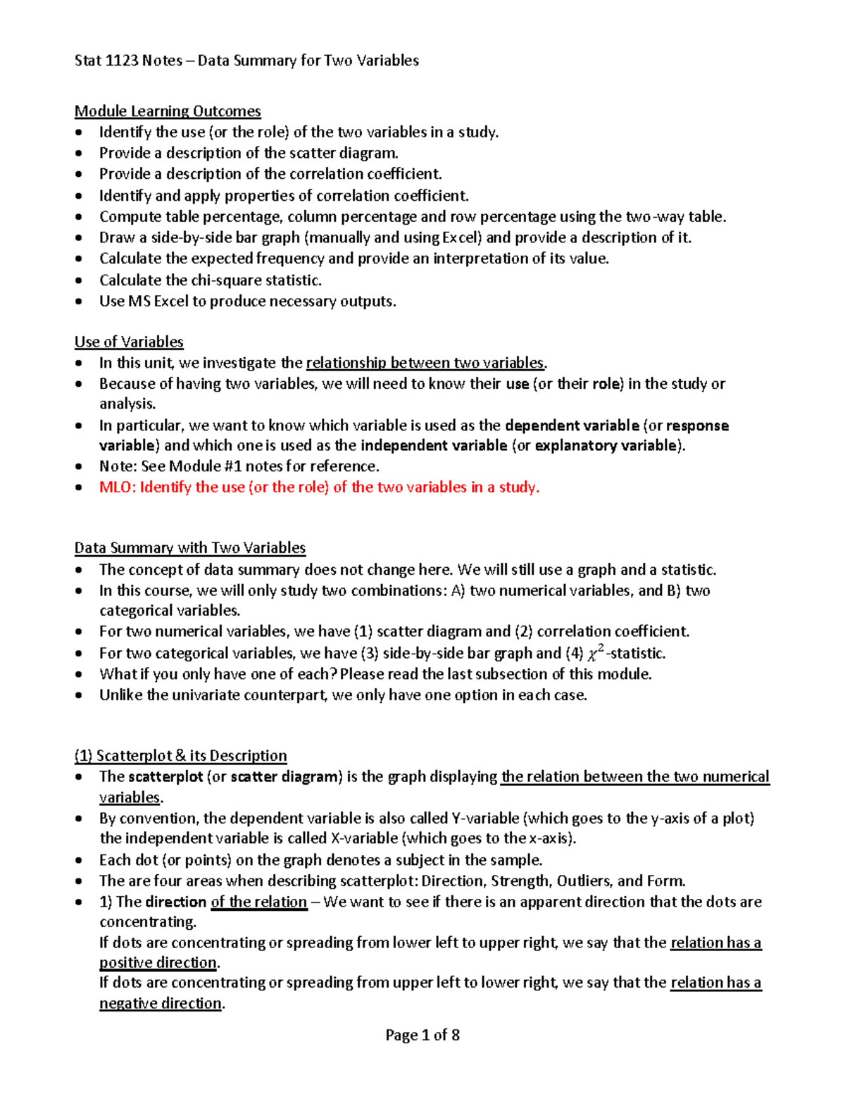 S1123 Bivariate Analysis Notes - Module Learning Outcomes Identify the ...