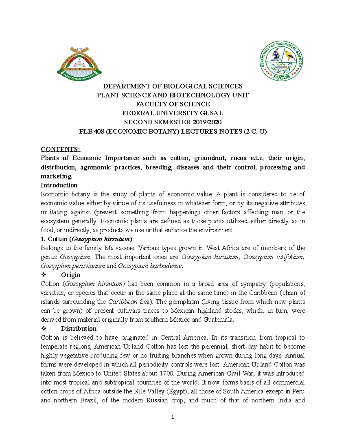 PLB 408 ( Economic Botany) Lecture NOTE - DEPARTMENT OF BIOLOGICAL ...