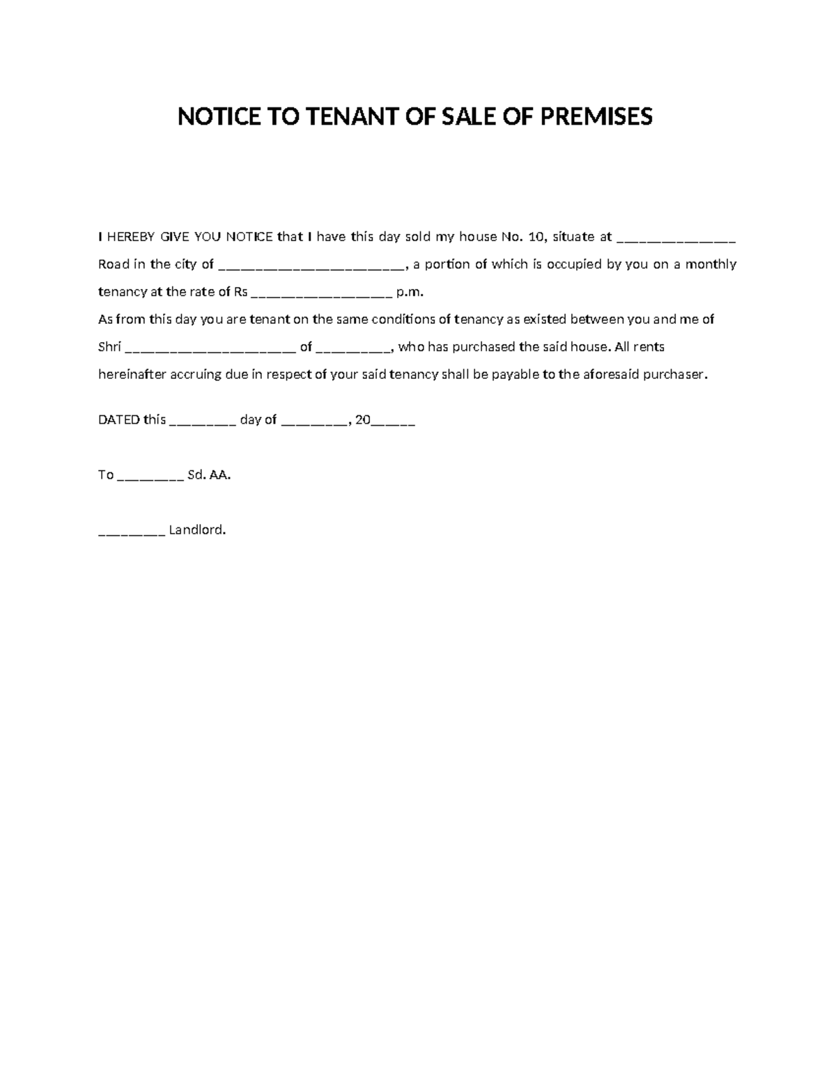 Notice TO Tenant OF SALE OF Premises - NOTICE TO TENANT OF SALE OF ...