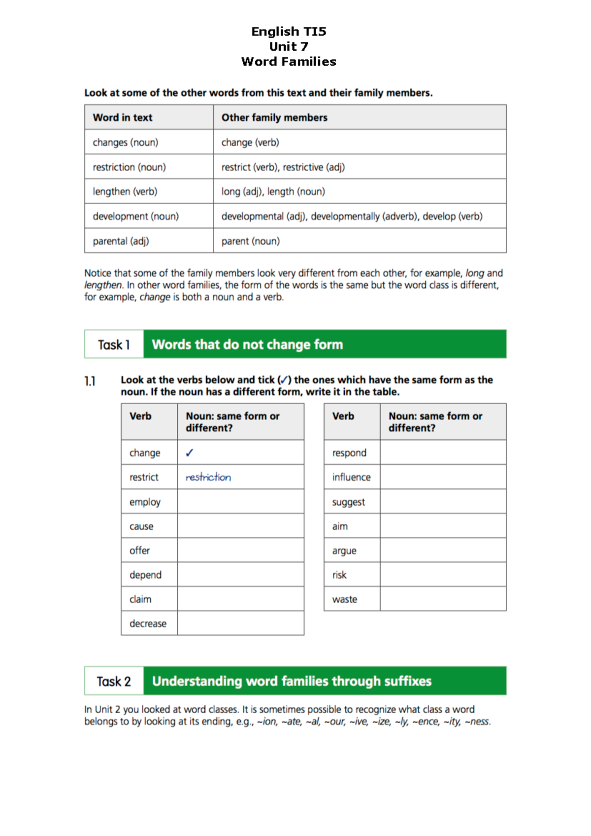 TI5 unit 7 word families - Inglés TI3 - Studocu