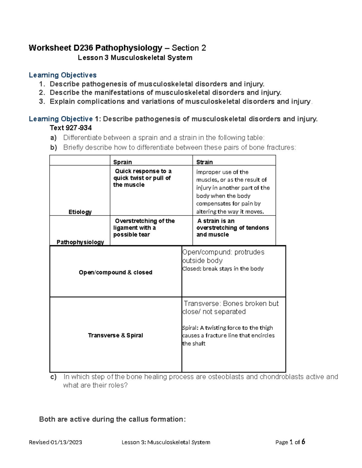 Lesson 3 Musculoskeletal System - Worksheet D236 Pathophysiology ...
