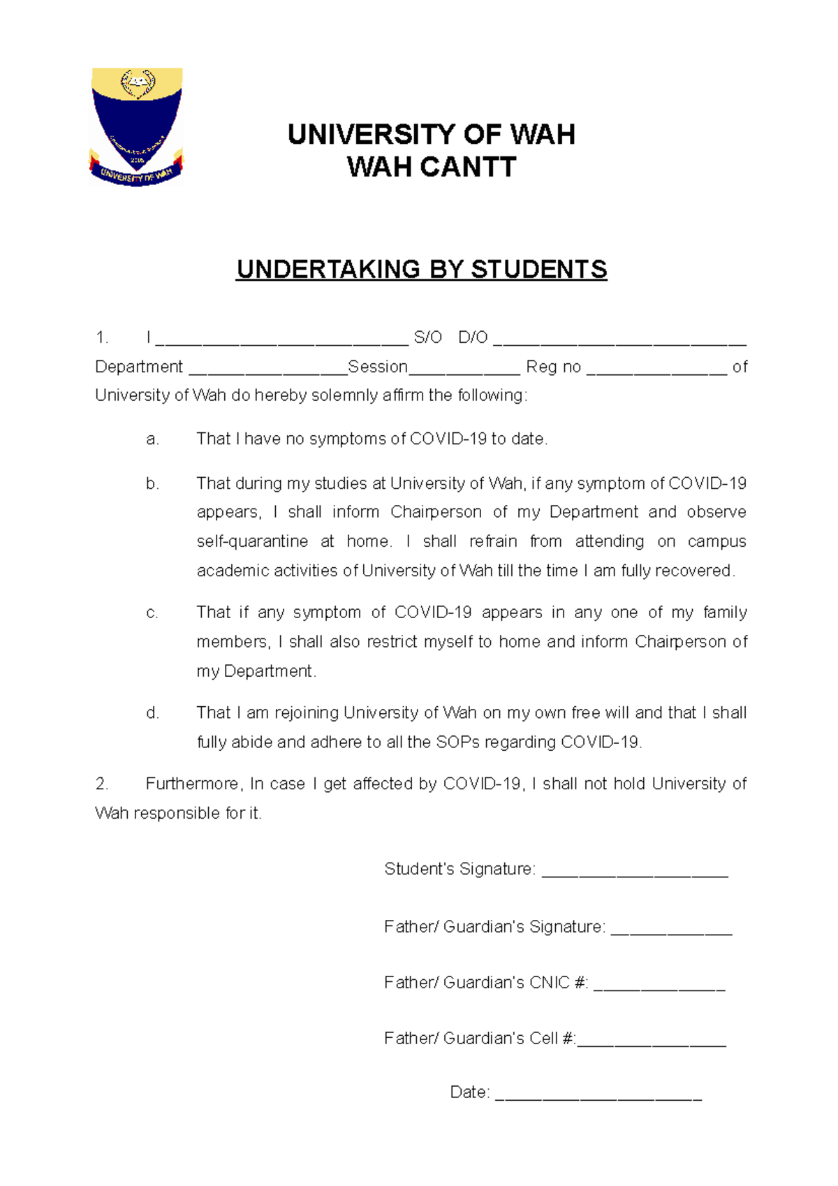 Undertaking - Students - UNIVERSITY OF WAH WAH CANTT UNDERTAKING BY ...
