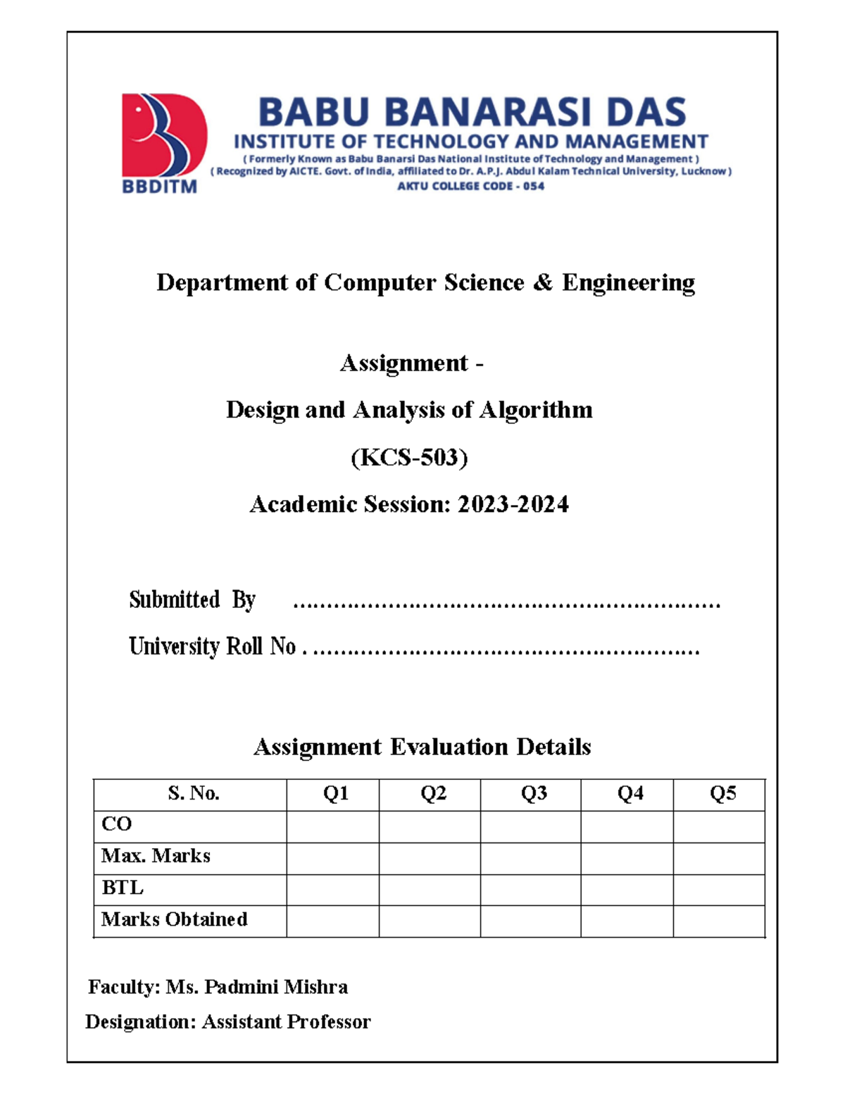 DAA Assign Front - bacheolar of technology - Department of Computer Science & Engineering - Studocu