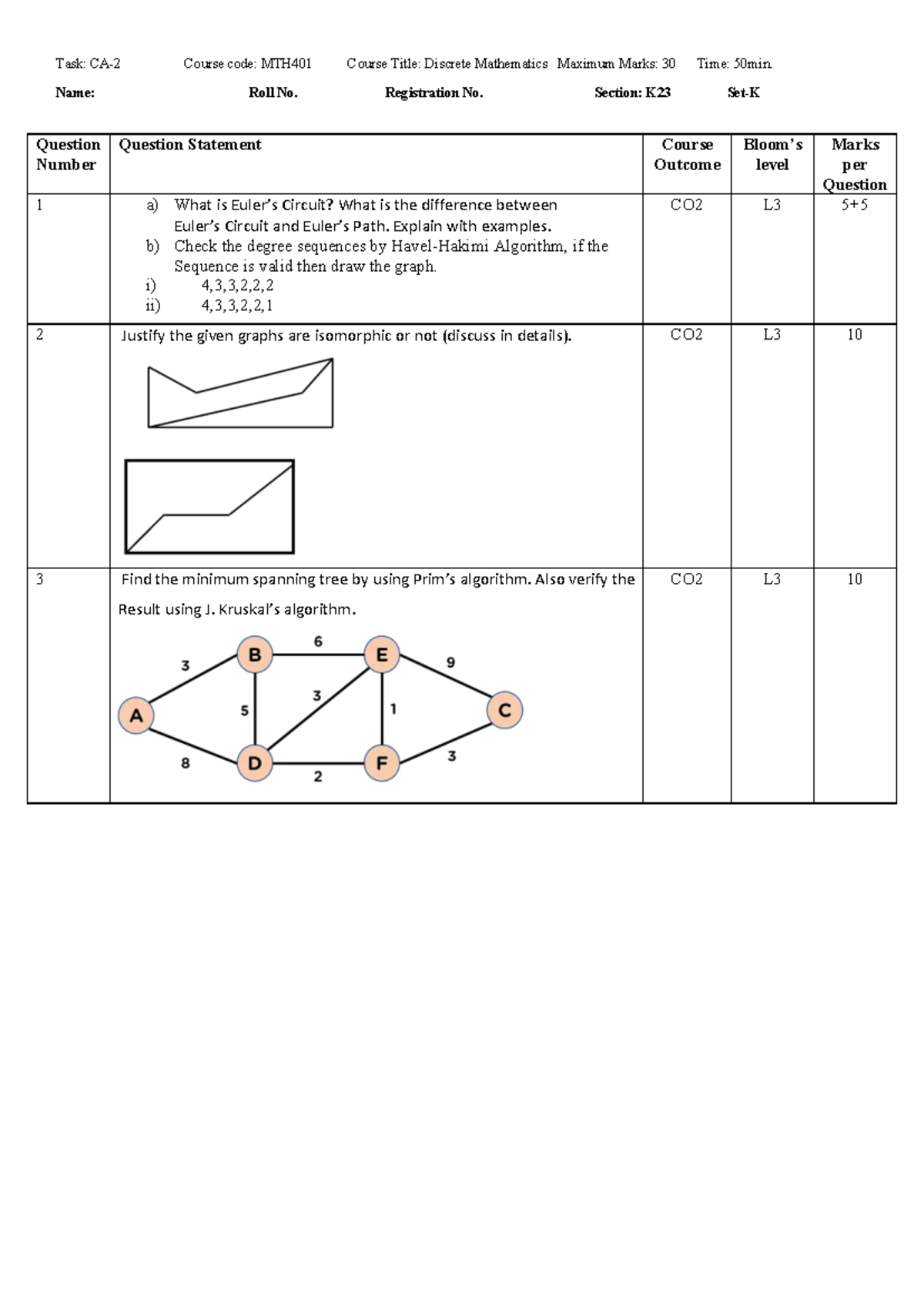 CA3 set 3 - bi xifiiugrqr - Task: CA- 2 Course code: MTH 401 Course Title: Discrete Mathematics ...