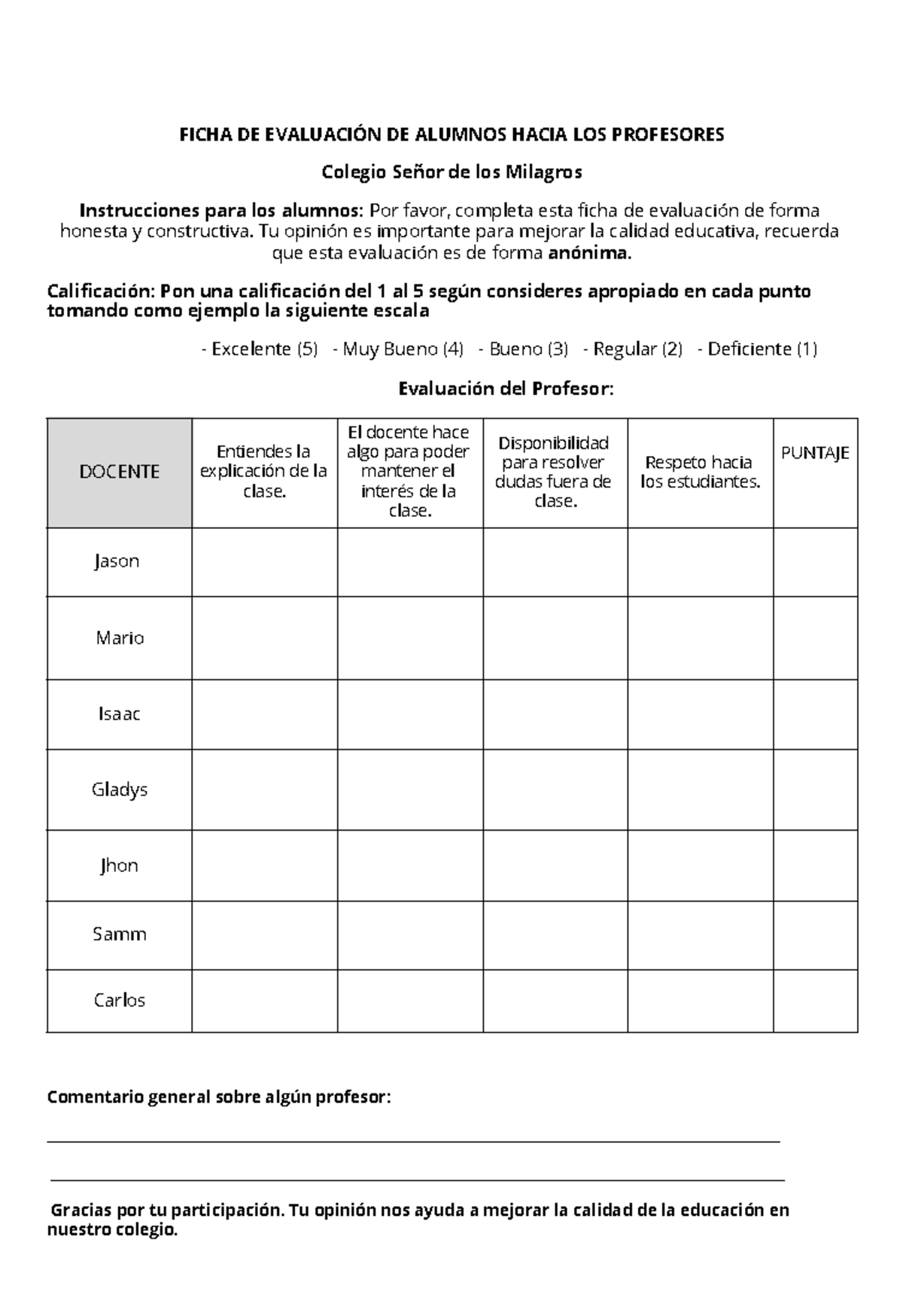 Ficha DE Evaluación DE Alumnos Hacia LOS Profesores - FICHA DE ...