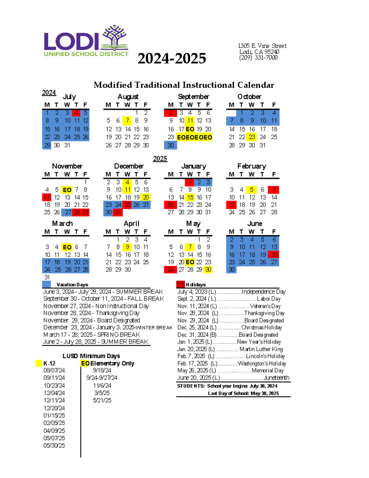 Lodi USD Instructional Calendar 2024-25 - July August September October ...