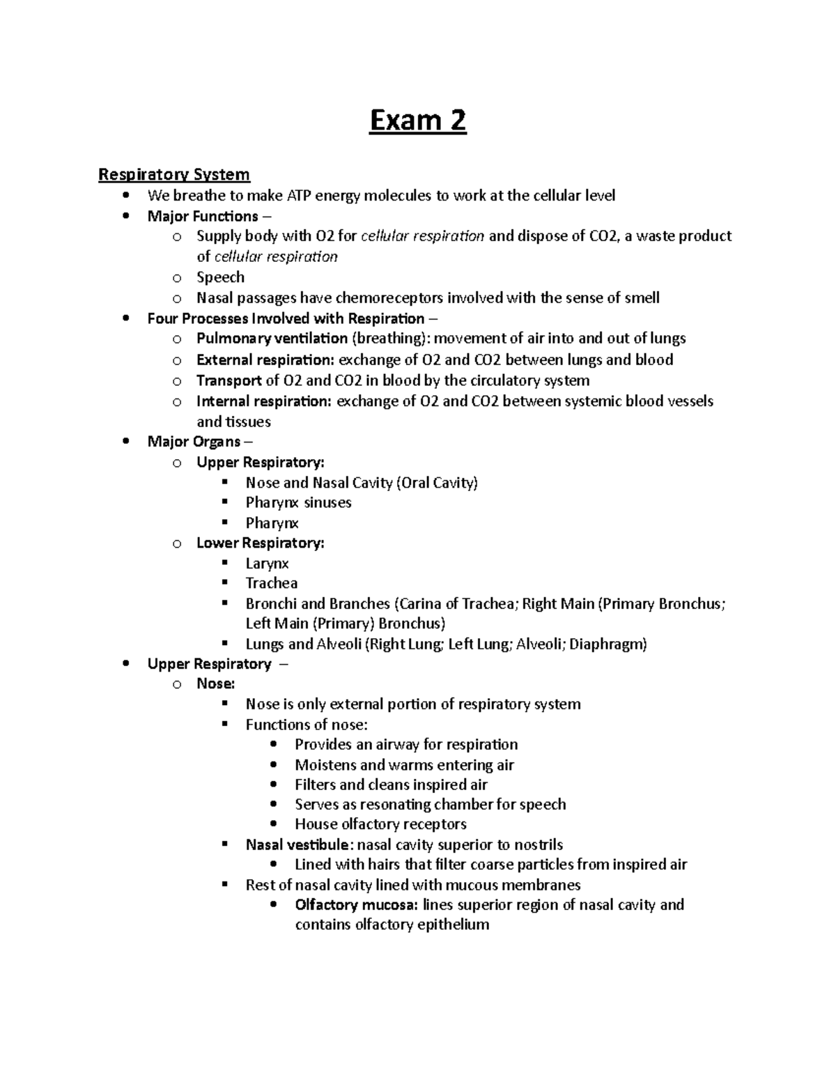 BIO 2402 Exam 2 2.04.18 PM - Exam 2 Respiratory System We breathe to ...