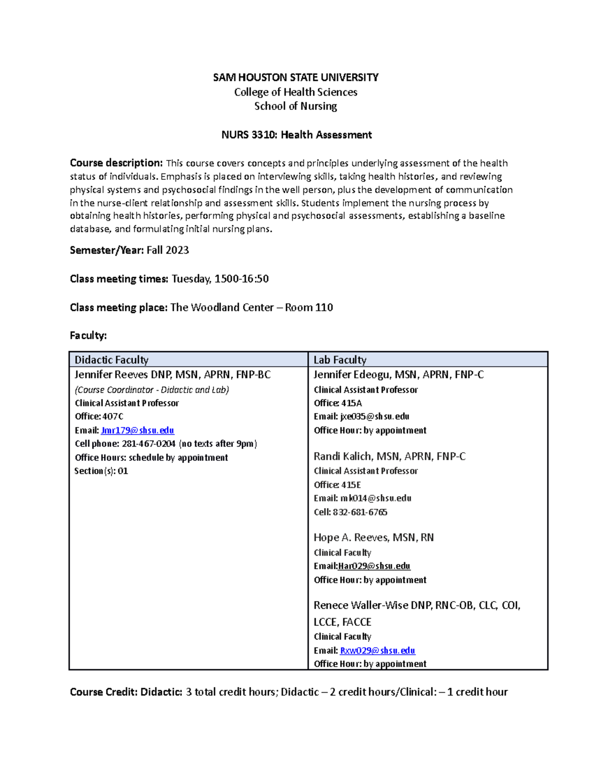 HA Syllabus Fall 23 - SAM HOUSTON STATE UNIVERSITY College of Health ...