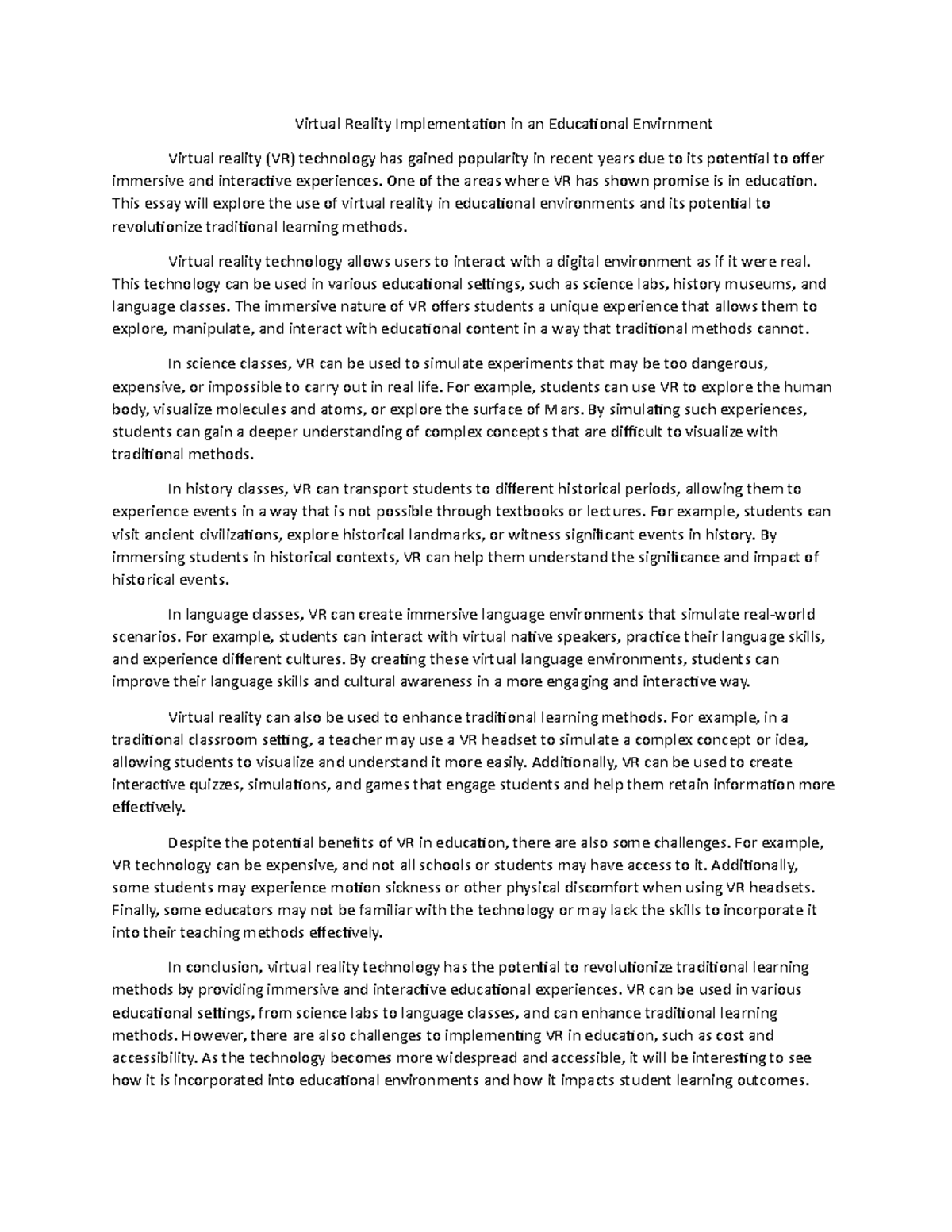 VRImplementation - Essay - Virtual Reality Implementation in an ...