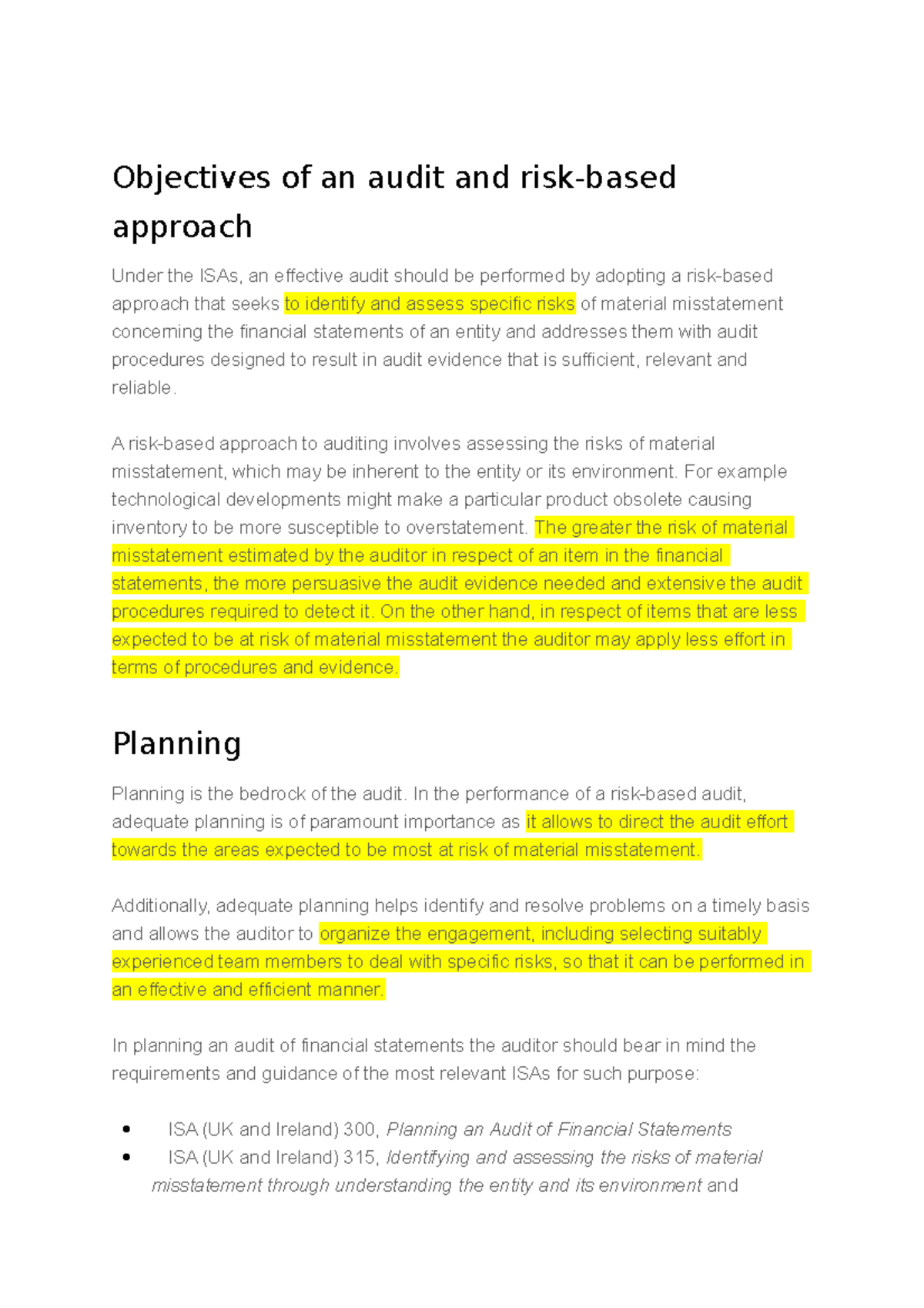Objectives of an audit and risk - Objectives of an audit and approach ...