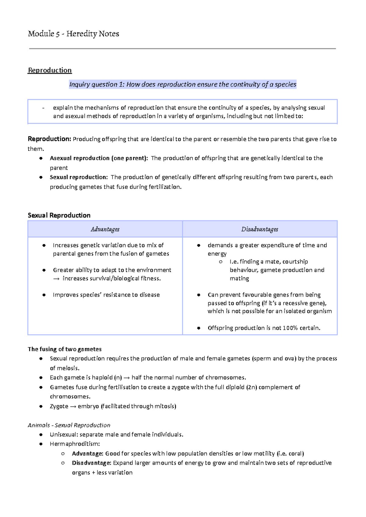 Module-5-notes- biology - Module 5 - Heredity Notes Reproduction ...